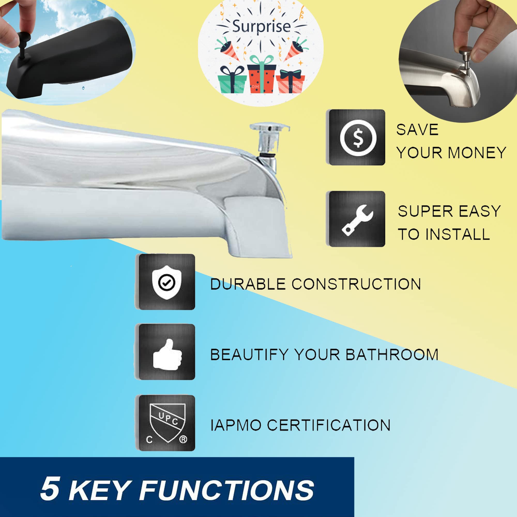 Slip Fit Tub Spout with Pull-Up Diverter for 1/2 inch Copper Tube,5.4 INCHES in Length,Easy to Install,Chrome (Not Applicable to Threaded Pipes) Thickened and Elongated Design 300 Grams