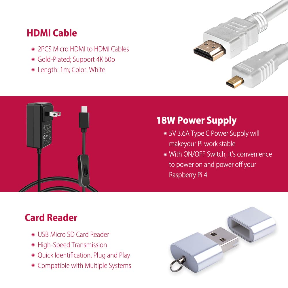 GeeekPi Starter Kit for Raspberry Pi 4 2GB, with Raspberry Pi 4 & Cooling Fan, Case 64GB Card, Card Reader,HDMI Cables and 18W USB C Power Supply