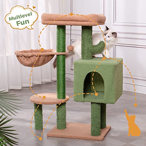MeowSir Cactus Cat Tree 34 Inches Cute Cat Tower with Padded Top Perch, Comfy Hammock, Private Condo, Fully Scratching Post and Dangling Bell Ball for Indoor Cats- Khaki