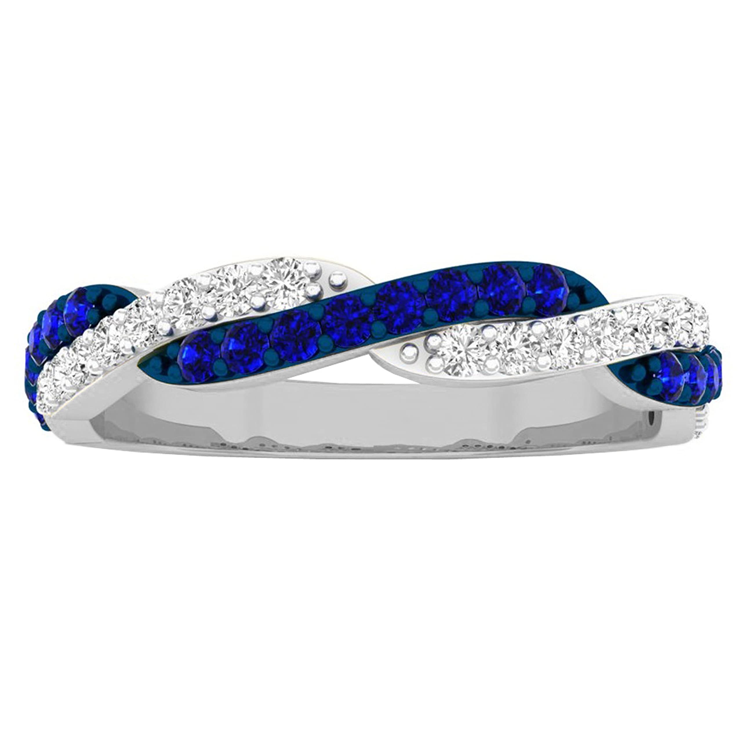 Dazzlingrock Collection 10K Round Blue Sapphire & Diamond Ladies Wedding Swirl Stackable Band, White Gold, Size 6