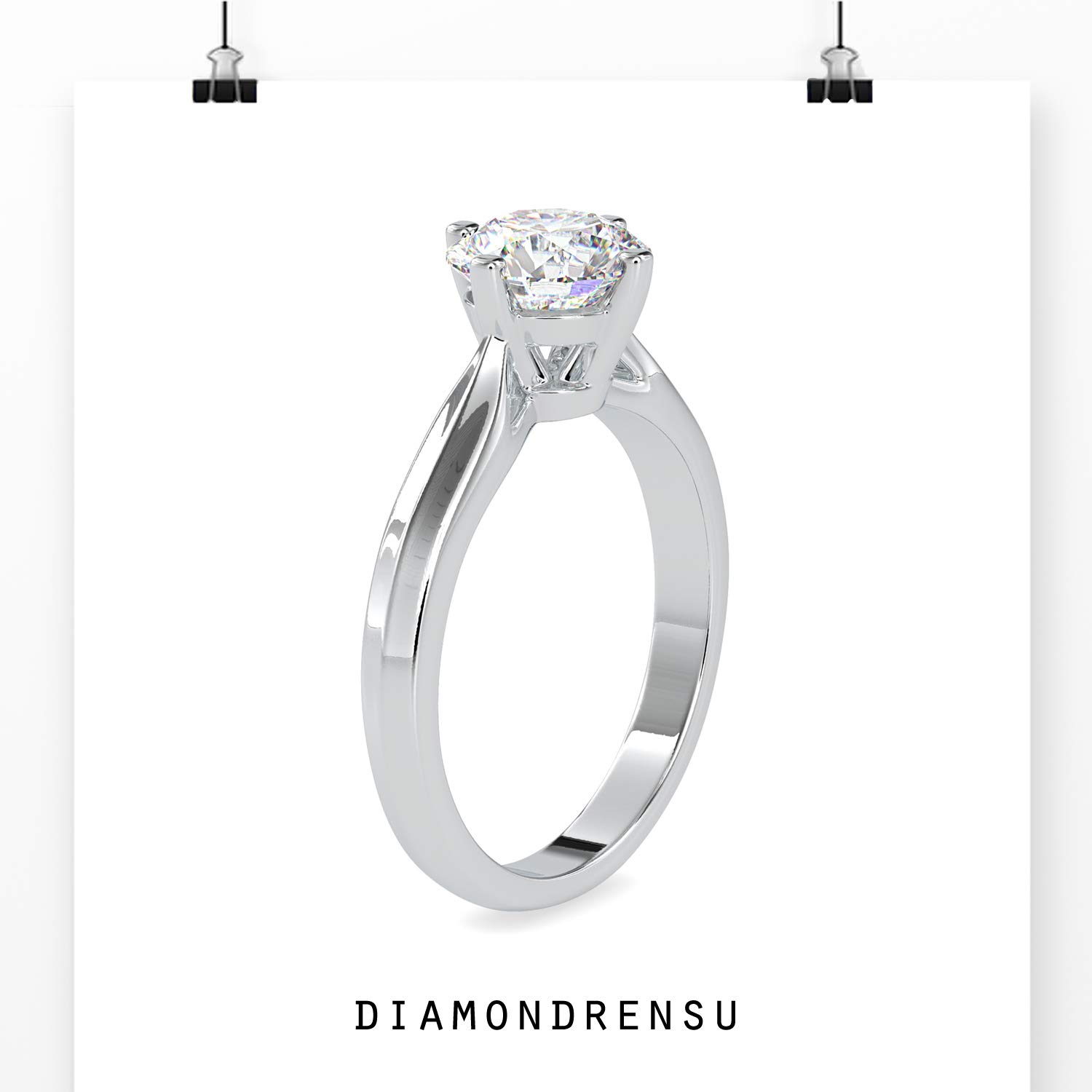 Diamondrensu1.13 CT Round Colorless Moissanite Diamond Compass Prong Setting Engagement Ring, Knife Edge Wedding Ring, Solitaire Ring for Women, 10K White Gold, Ring Size 7 US
