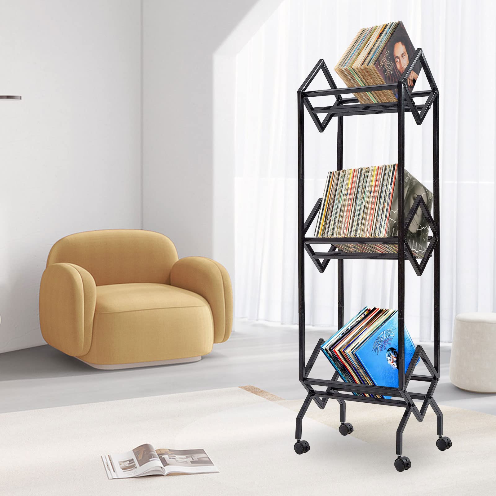ERFEI Vinyl Record Storage Rack 3 Tier Vinyl Holder Multipurpose Book Magazine Files Display Stand with Casters for Bedroom Living Room Office