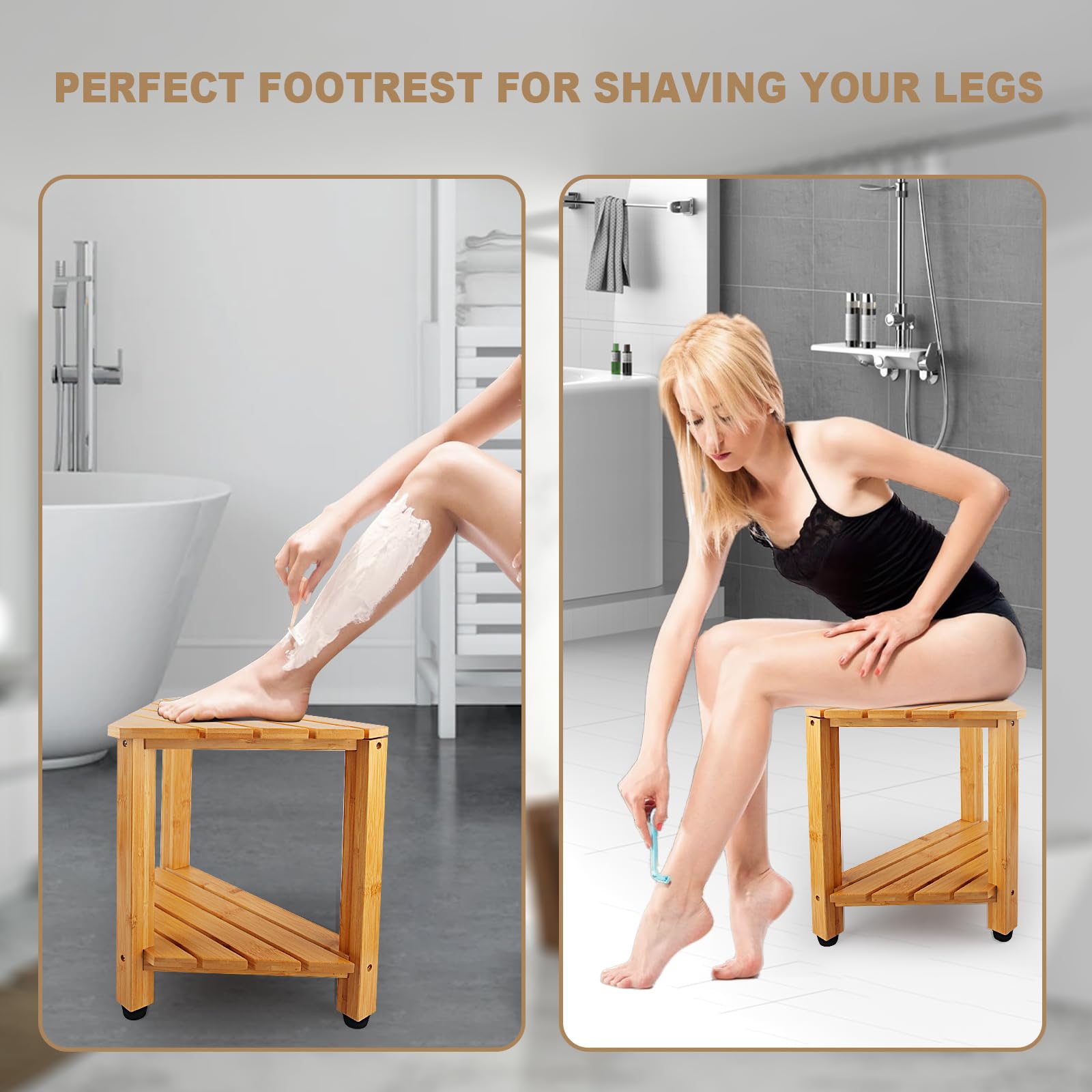 MISSEND Shower Foot Rest 13 in, Wood Shower Stool for Shaving Legs,Corner Bath Shower Bench with Starage Shelf for Inside Small Shower Spaces - Water Resistant