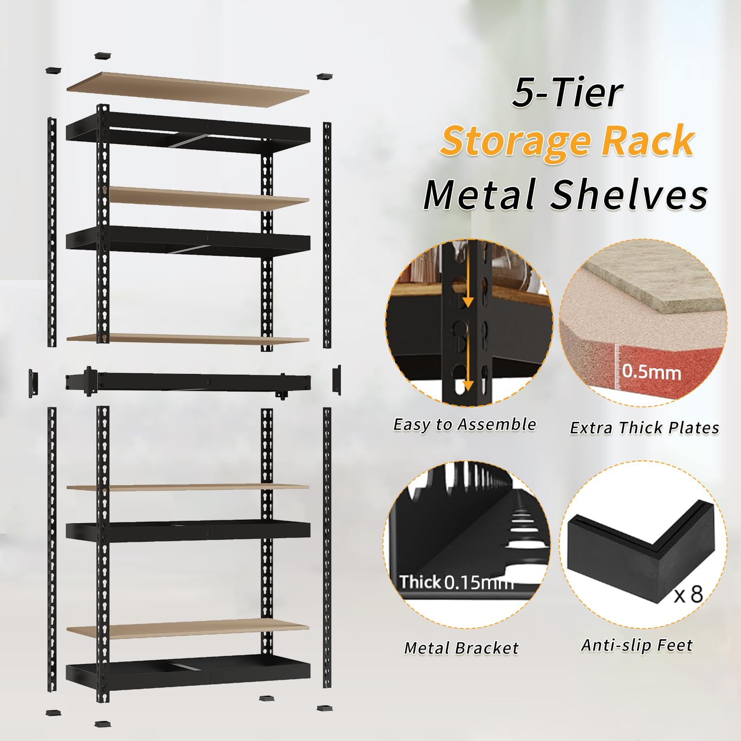 Smaafit 5-Tier Shelves for Wall Storage, Storage Rack Metal Shelves, Heavy Duty, Adjustable, Garage & Warehouse Storage, 28x12x59 Inches, 275 lbs/Level