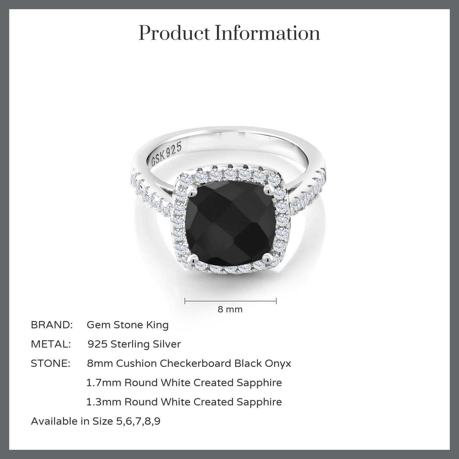 Gem Stone King 925 Sterling Silver Black Onyx and White Created Sapphire Ring For Women (2.61 Cttw, Cushion Checkerboard 8MM, Gemstone Birthstone, Available In Size 5, 6, 7, 8, 9)