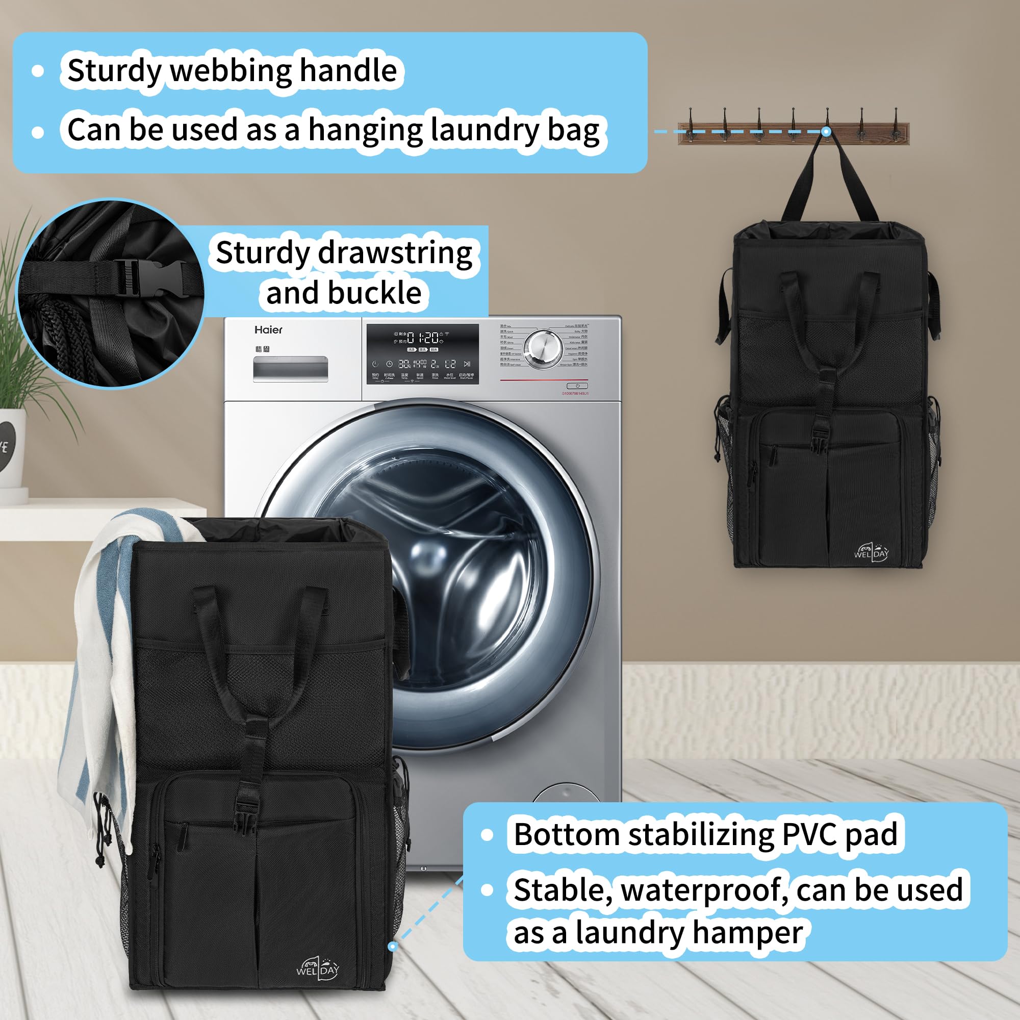 WELIDAY Laundry Backpack Bag, Extra Large 2 in 1 Laundry Basket for College Dorm, Apartment, Travel, Freestanding laundry bag with Adjustable Shoulder Straps and Multi-pockets