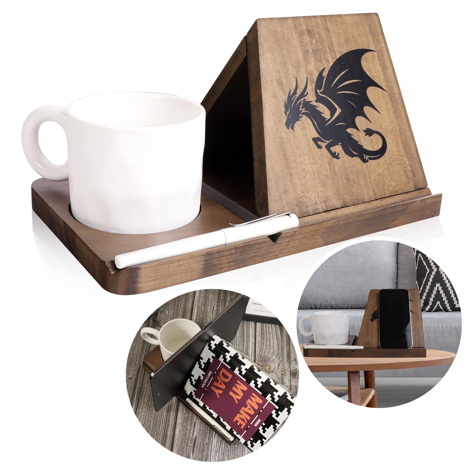 Small Bookshelf - Triangle Book Holder, Wood Mini Book Shelf for Reading Nook, Gifts for Book Lovers, Small Bookcase with Dragon Decor for Bedroom Nightstand, Office Desk, Library or Table