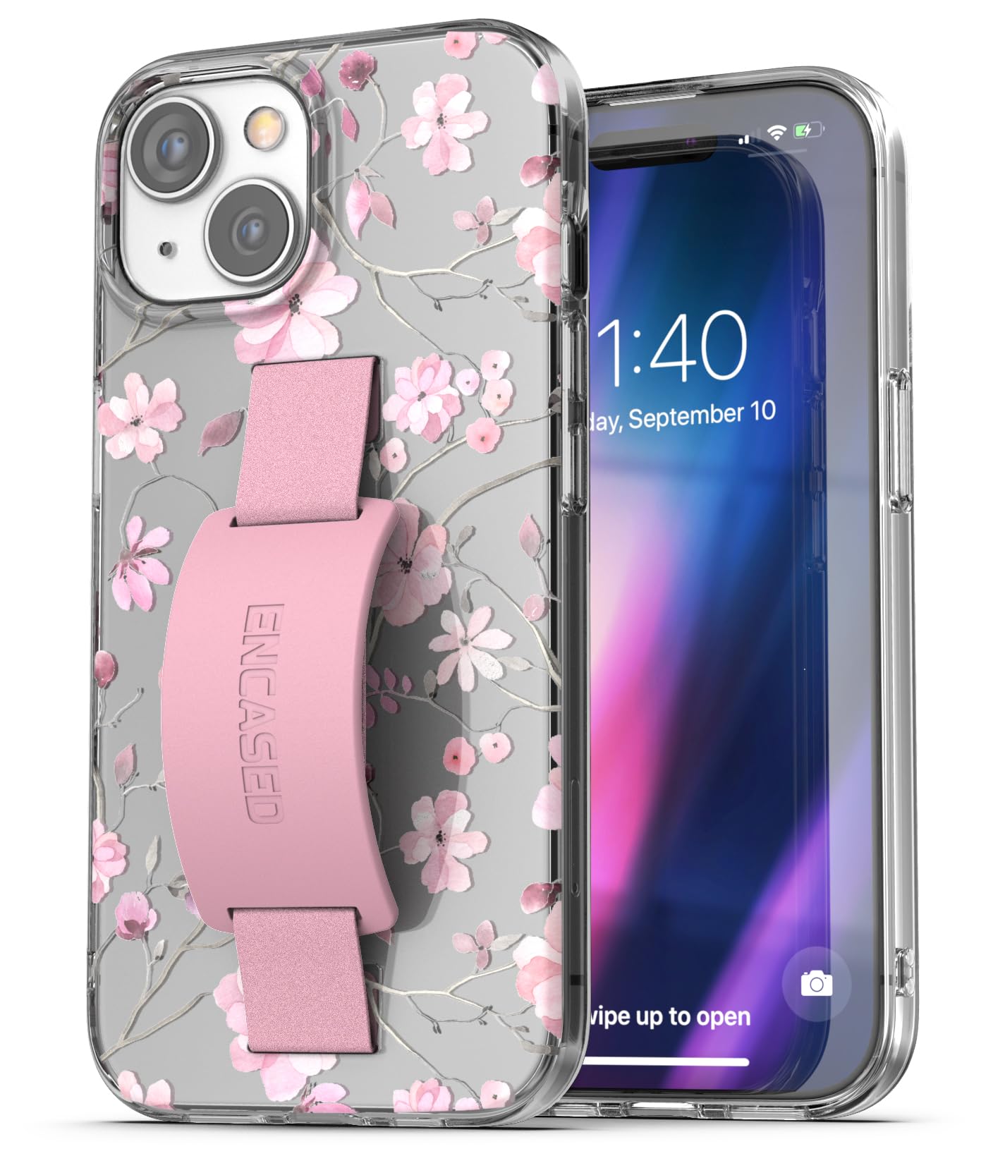 ENCASED Finger Loop Case, Designed for iPhone 15 Plus (2023) Hand Strap Clear Cover with Silicone Grip Phone Holder (Pink Flowers)