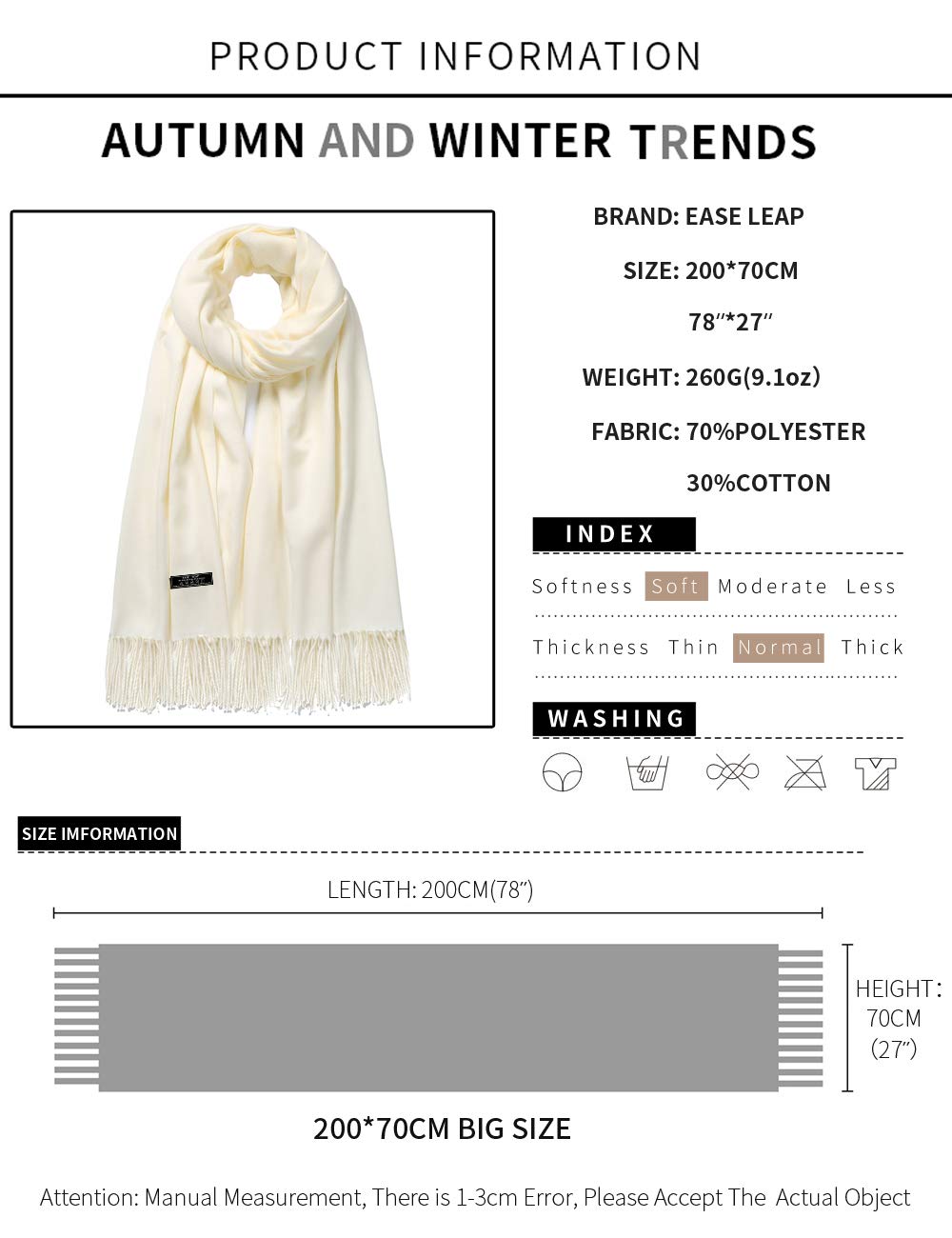 EASE LEAP Pashmina Scarfs for Women Silky Shawls and Wraps for Evening Dresses Soft Large Scarves Wedding Warm Stylish Solid Color, Ivory
