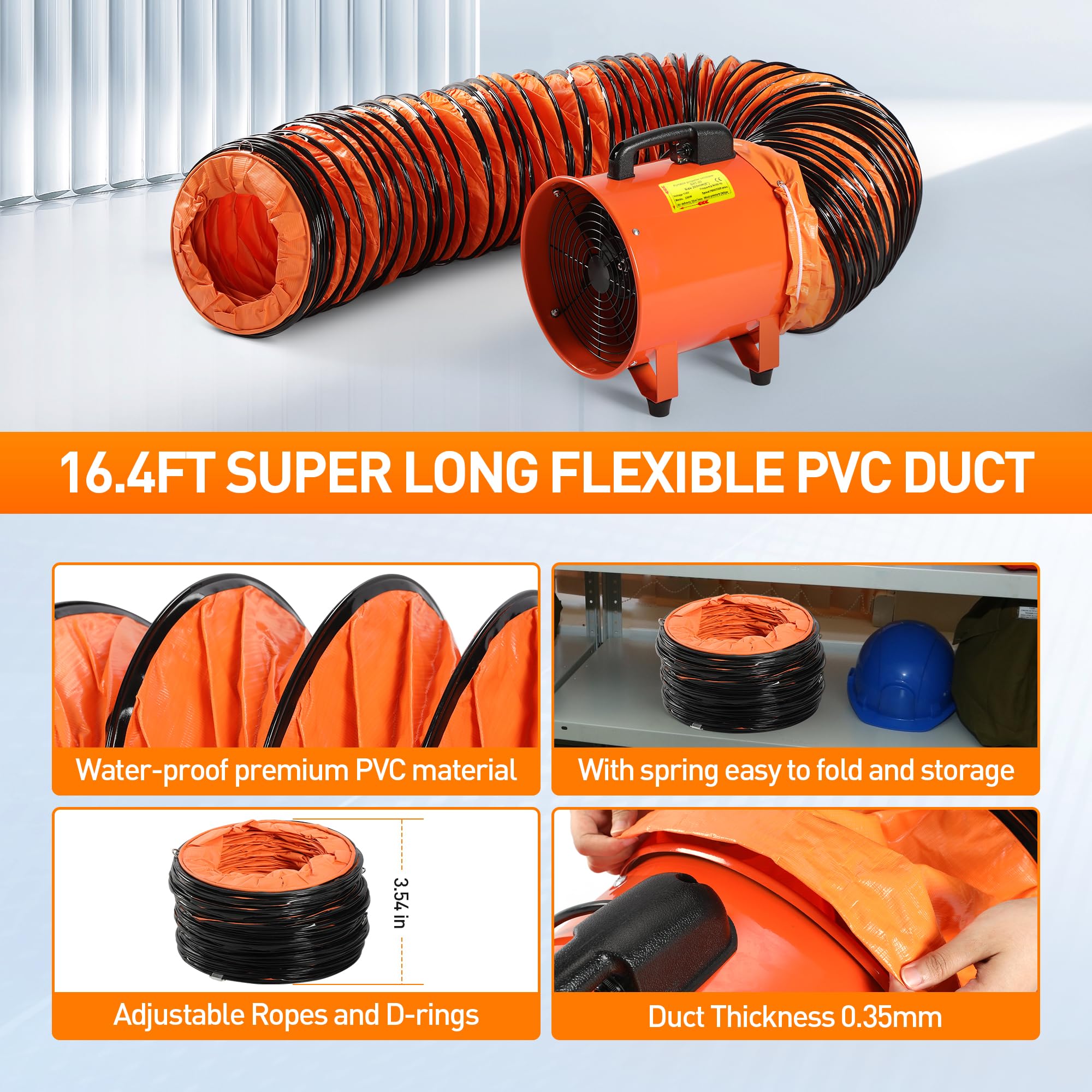 Rengue 8 Inches Utility Blower/Exhaust with 16.4 FT Hose Fan, 3300 r/min High Velocity Low Noise Extraction and Ventilation Fan with Duct Hose