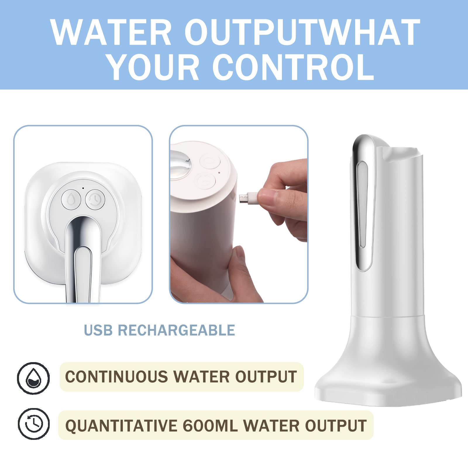 Desktop Water Dispenser for 5 Gallon Bottle, Smart Portable Water Dispenser, Electric Water Bottle Dispenser, USB Charging Automatic Water Jug Pump for Home Kitchen, Office, Outdoor