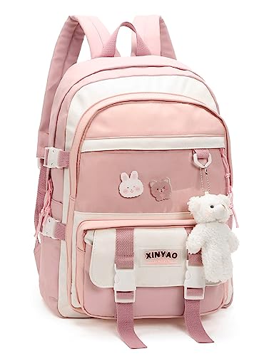 Phaoullzon Kawaii Backpack for School Aesthetic Bookbag Cute Anime Backpacks for Girls with Pins and Pendant, Pink