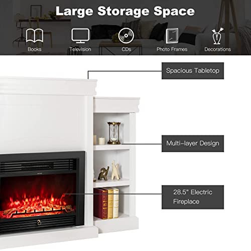 Tangkula 70" Mantel Fireplace TV Stand, 750W/1500W Electric Fireplace Heater Insert Cabinet w/Remote Control, 1-8H Timer, 5-Brightness & 3-Color Flame, Media Console Center w/Open Shelves (White)