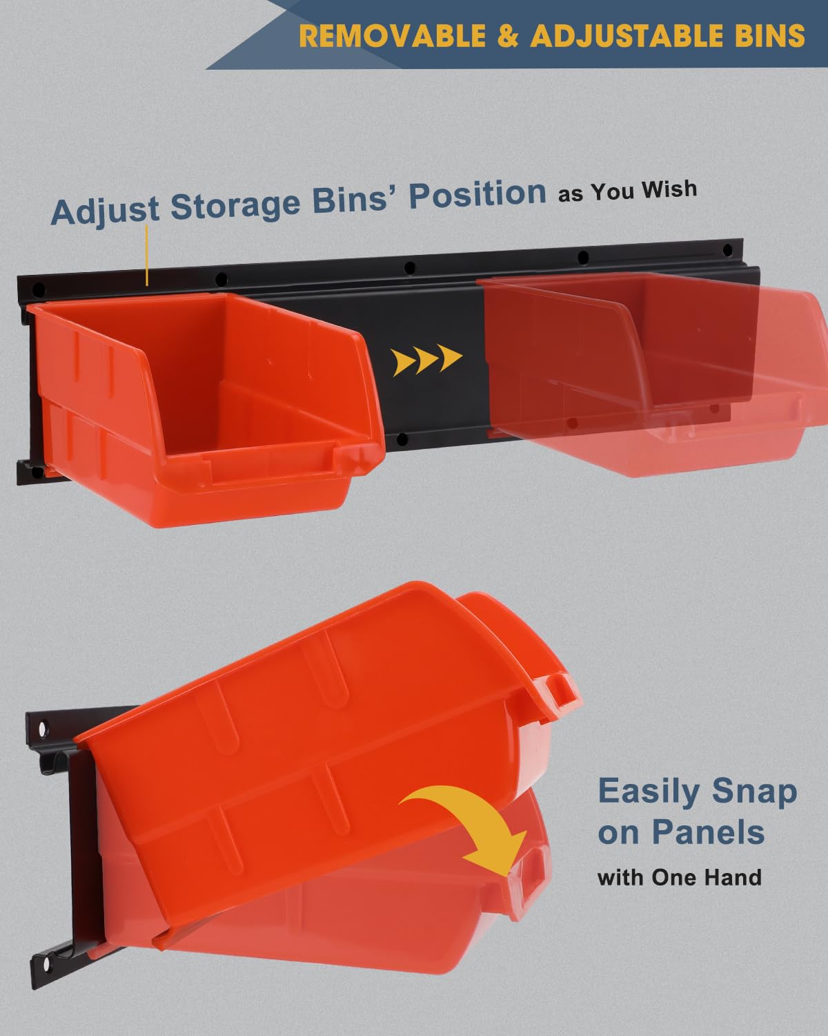 WellMall Wall Mounted Storage Bins - 8 Piece Bins & 2 Steel Rails Plastic Garage Tool Storage for Screw Organizer & Small Parts Organizer
