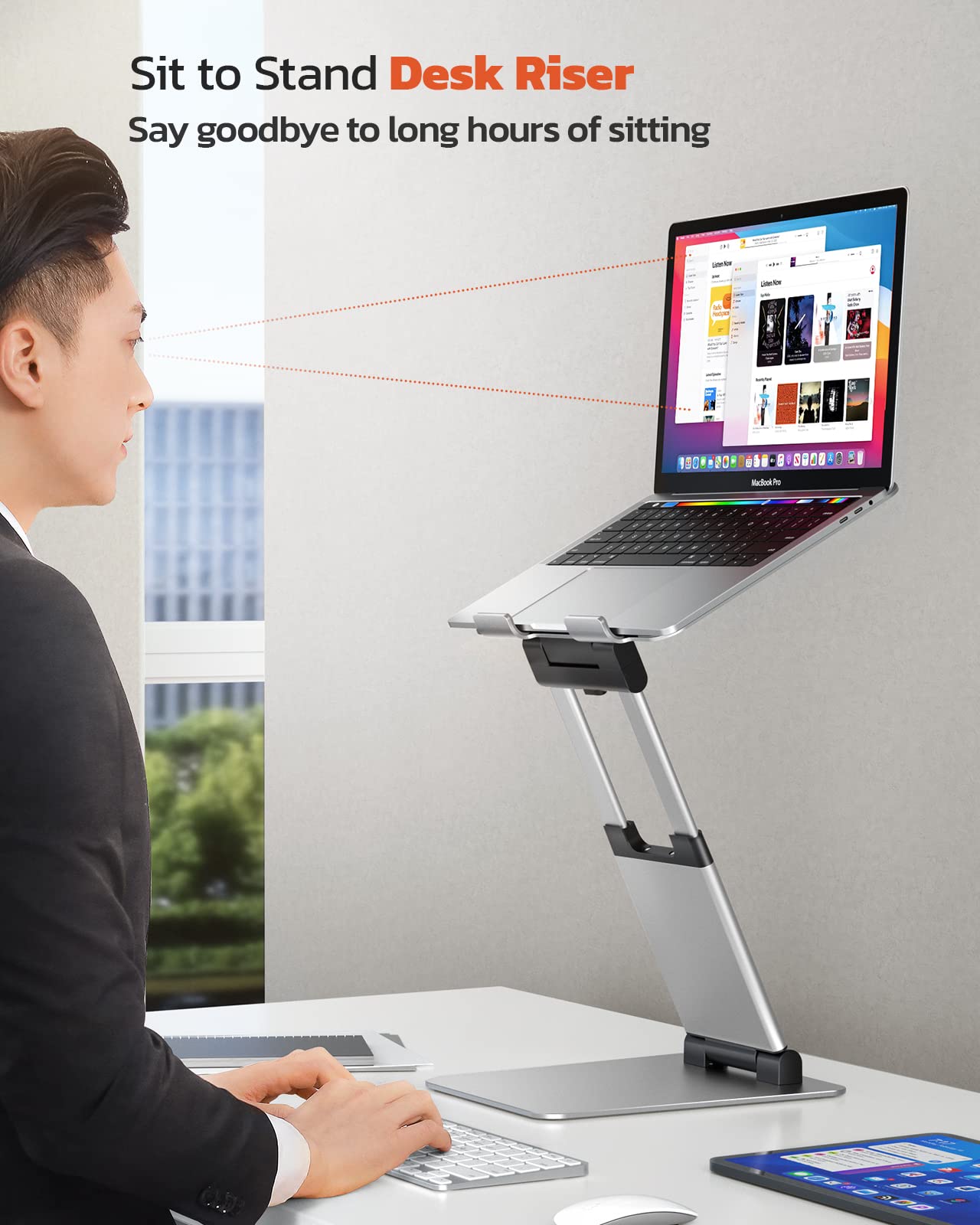 Ergonomic Laptop Stand for Desk, Sit to Stand Laptop Riser, Adjustable Height up to 21", Standing Computer Stand, Promote Healthy Posture Compatible with MacBook Air Pro, All Laptops 10-17"-Silver
