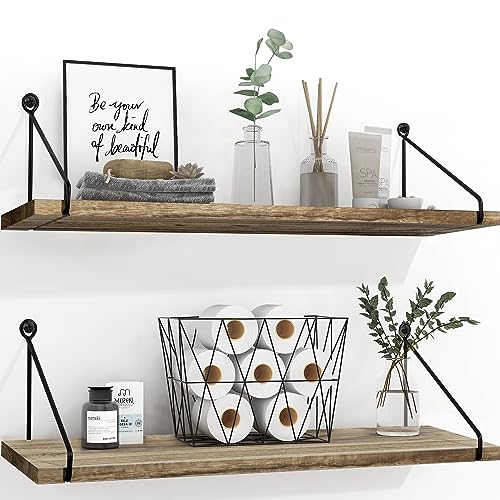 Sapowerntus Long Floating Shelves for Wall Mounted 24 Inch, Rustic Farmhouse Wood Bathroom Hanging Extended Shelf, Bedroom Living Room Kitchen Office Display, Storage Decor Set of 2, Brown