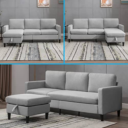 Mjkone Sectional Sofa Bed, Linen Sleeper Couch with Ottoman, Convertible Sleeper Sofa, Couches for Living Room, Chaise Lounge Indoor, Easy Assembly, Light Grey