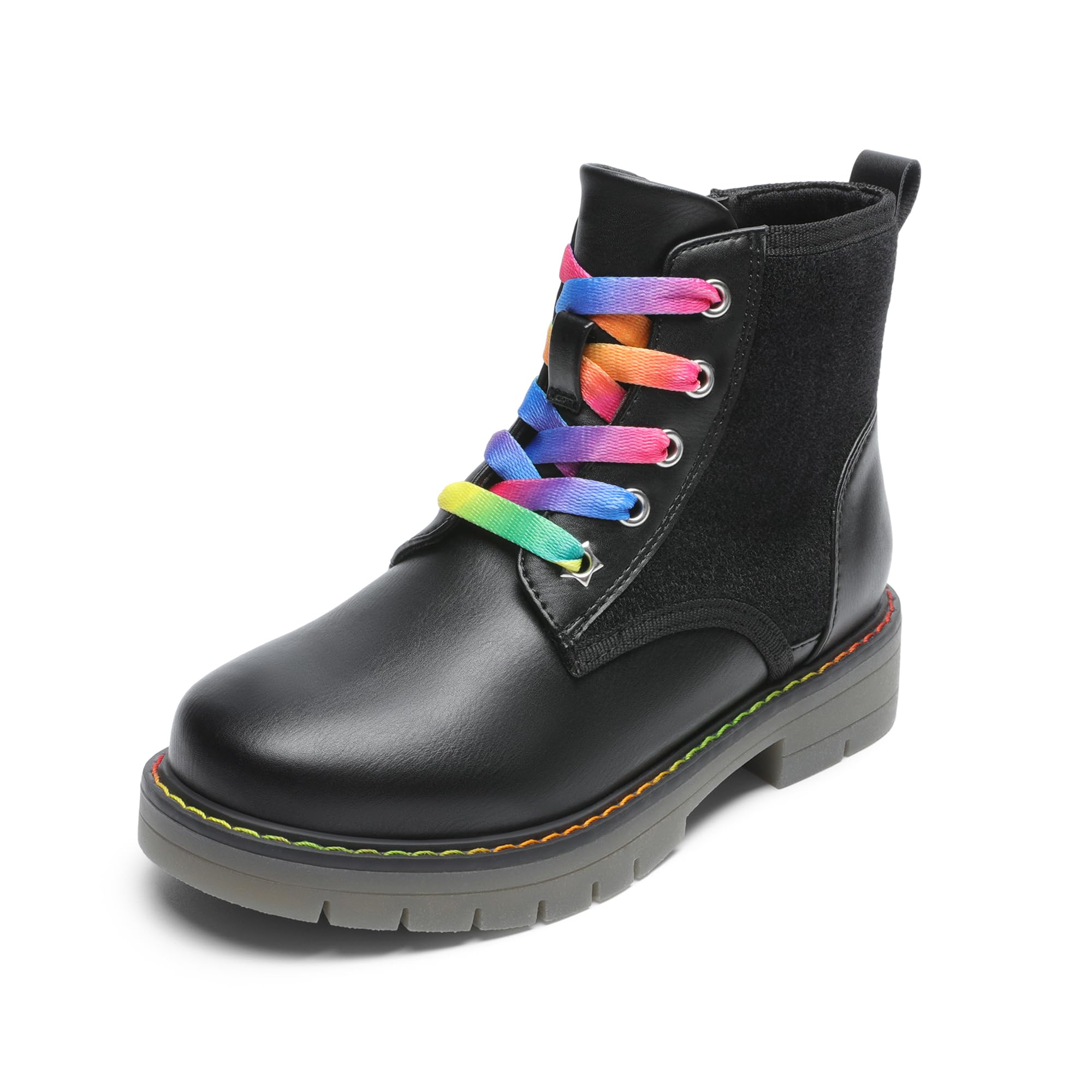 DREAM PAIRS Girls Boys Ankle Boots Side Zipper Combat Shoes with Interchangeable Lace Up SDBO2220K-1 Size 2 BLACK