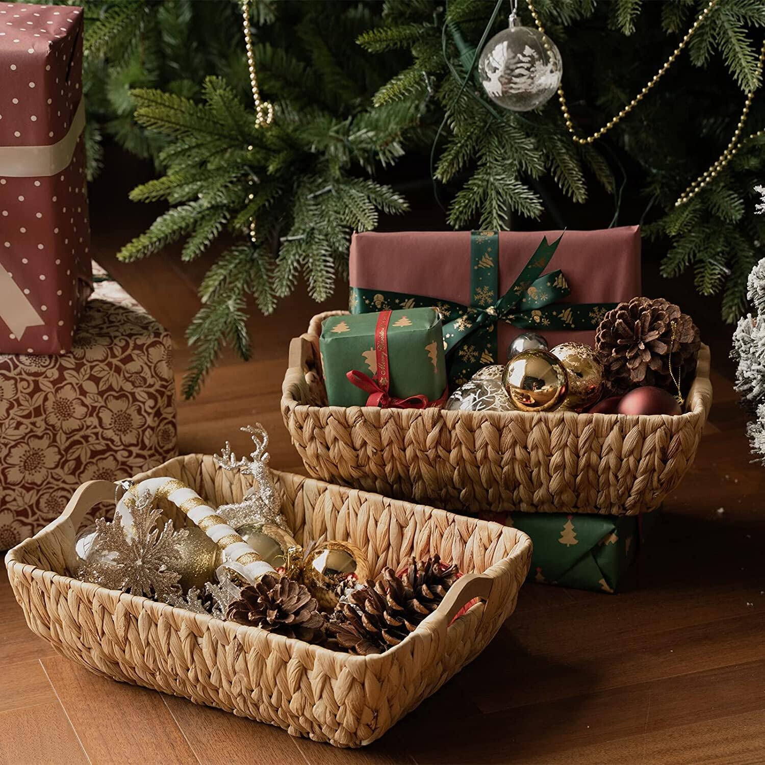 Small Wicker Basket, Storage Basket with Built-in Handles, Handmade Water Hyacinth Wicker Baskets for Organizing, Woven Storage Baskets for Shelves, 6 Pack