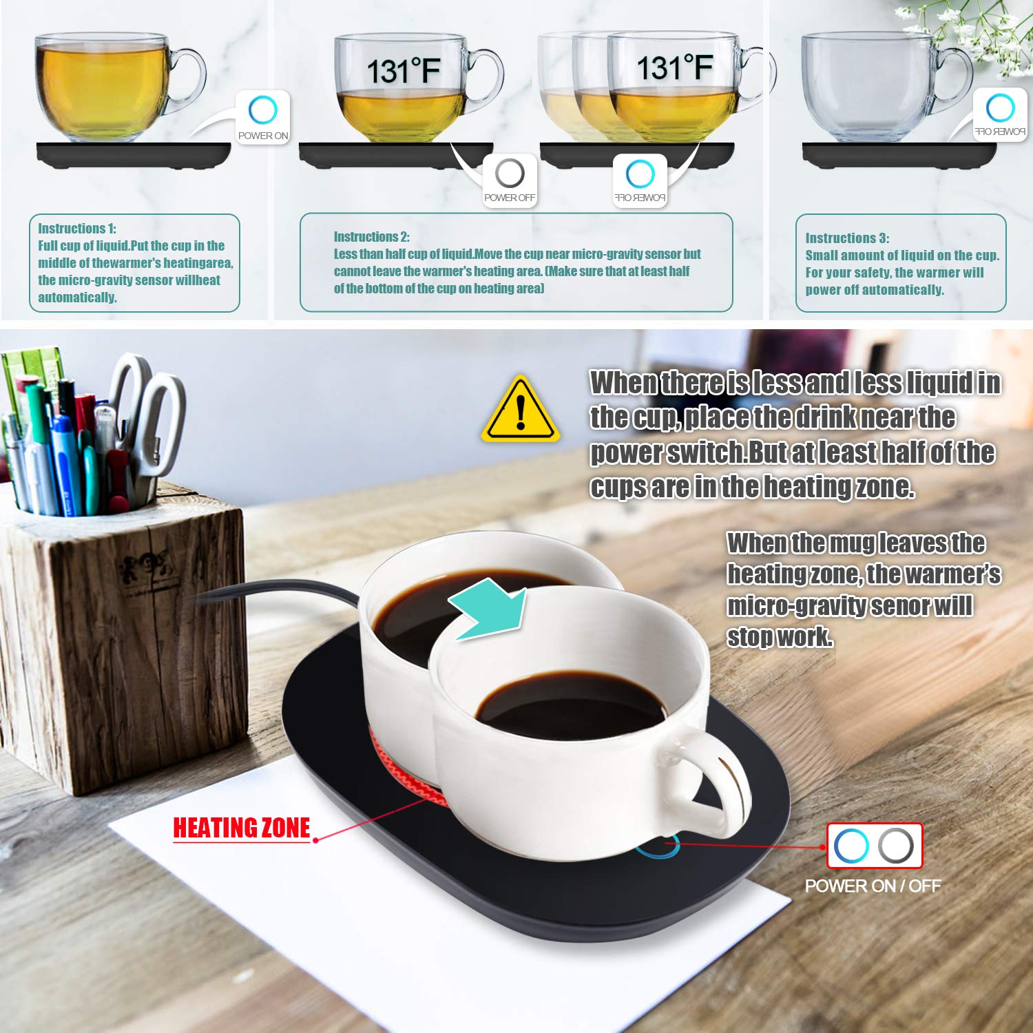 Mug Warmer Coffee Warmer with Automatic Shut Off to Keep Temperature Up to 131℉/ 55℃ Safely Use for Office/Home to Warm Coffee Tea Milk Candle Heating Wax (Black)