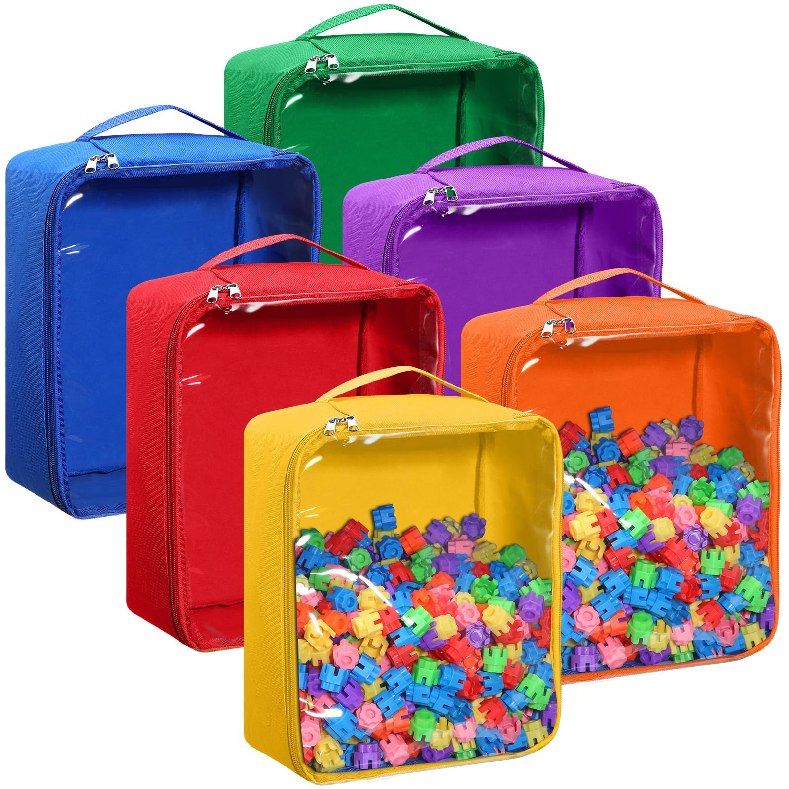 SilTriangle 6 Packs Toy Storage Bags with Clear PVC Window, Large Reusable Oxford Fabric Organizing Bags, Toy Bags for Building Blocks, Puzzles and Board Games Storage(Multicolor)