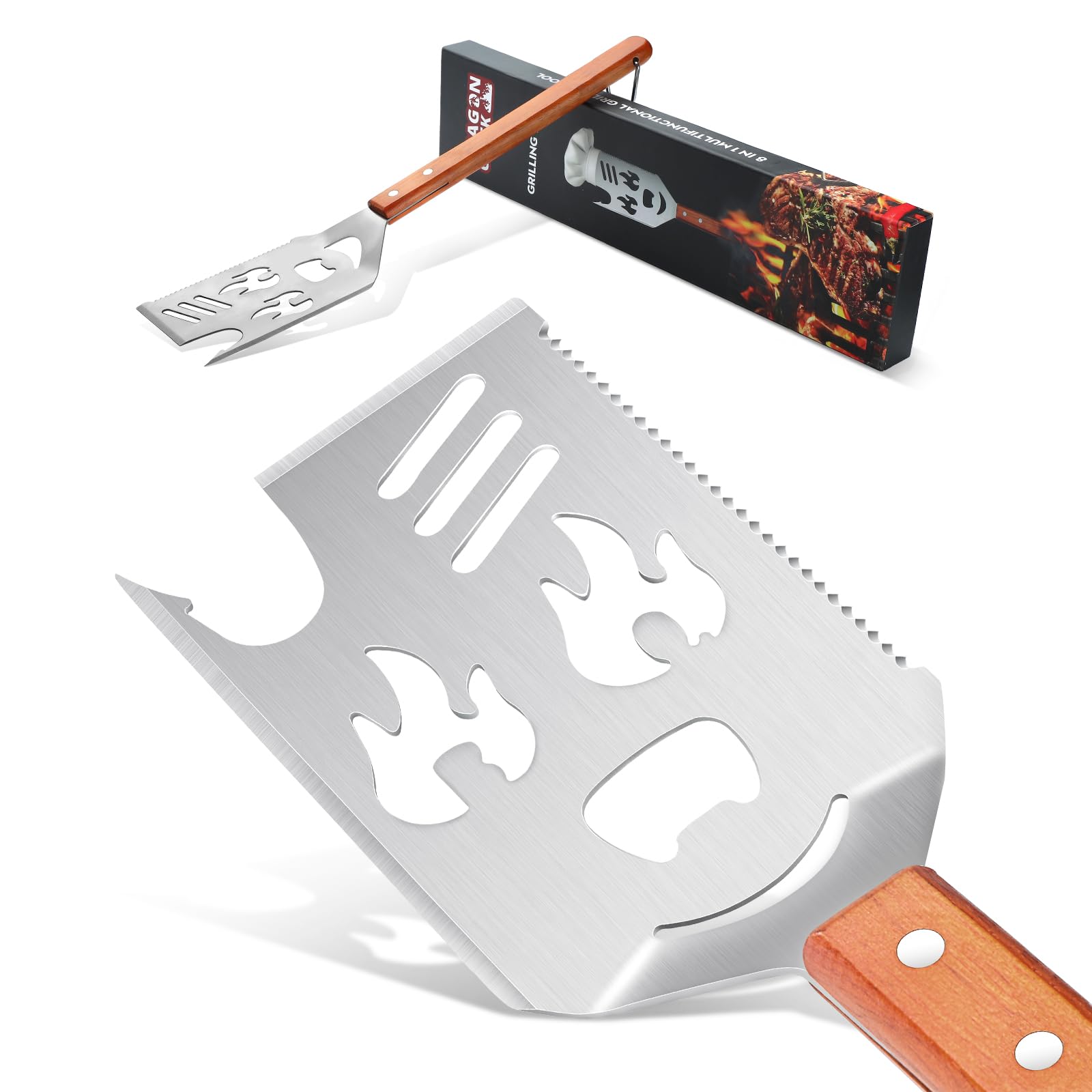 Dragon Creek 6PCS Griddle Accessories Kit Flat Top Grill Accessories Set Professional Stainless Steel Grill Spatula Set with Wooden Handle for Outdoor BBQ Camping