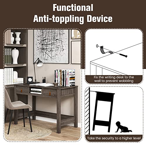 Tangkula Mid-Century Computer Desk with 2 Storage Drawers, Modern Home Office Desk with Storage Cubby, Study Writing Desk, Compact Laptop PC Desk Workstation, Wooden Vanity Desk for Bedroom (Grey)