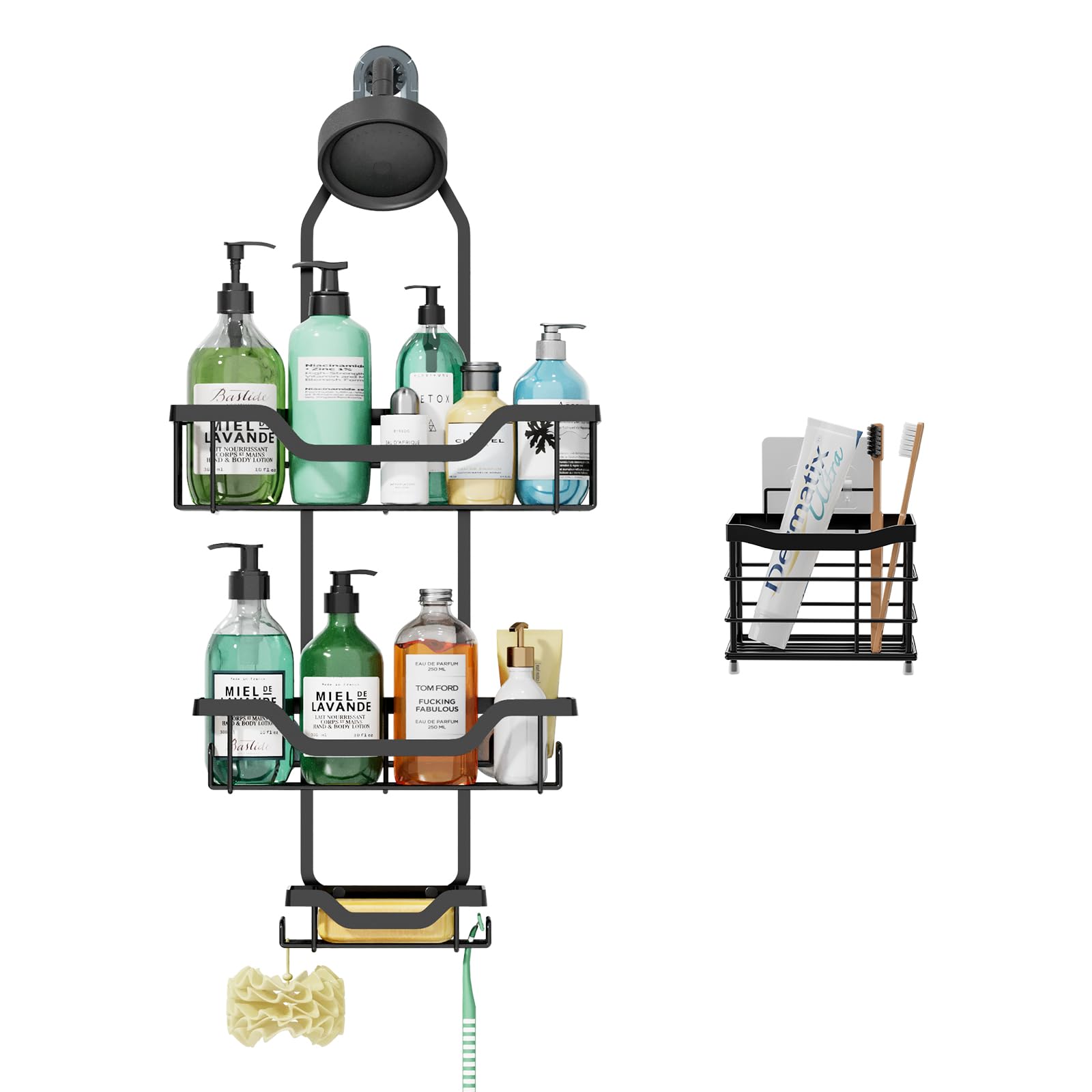 SILUB Shower Caddy Hanging, Anti-Swing Shower Caddy Over Shower Head with Toothbrush Holder, Hanging Bathroom Shelves with Hooks and Soap Holder, Rustproof Hanging Bathroom Organizer