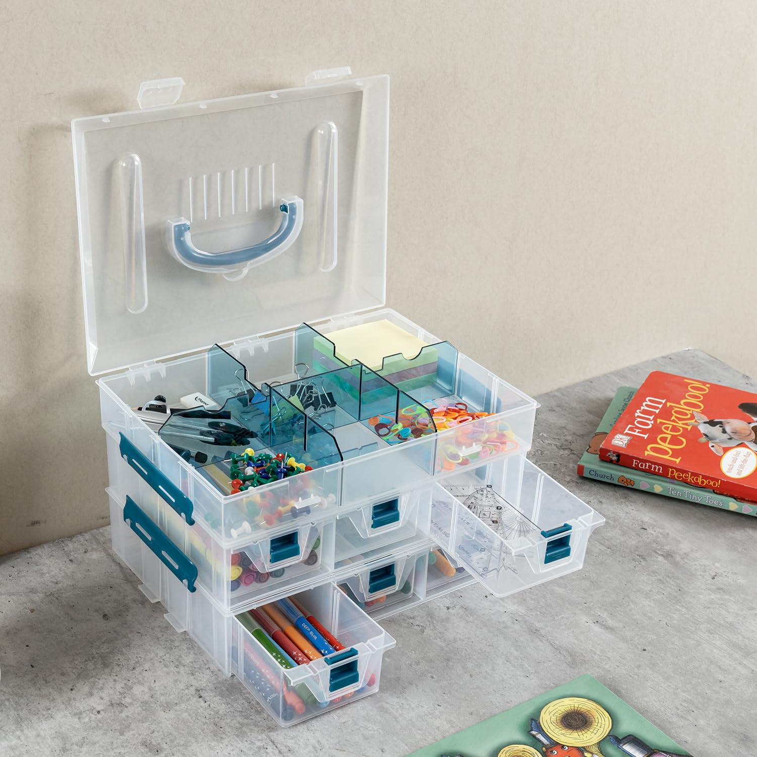 MyGift 11 Inch Clear Arts and Crafts Stackable Container, Sewing Supplies Storage Organizer Case with Blue Accents, 24 Customizable Compartments, and 6 Drawers with Removable Dividers