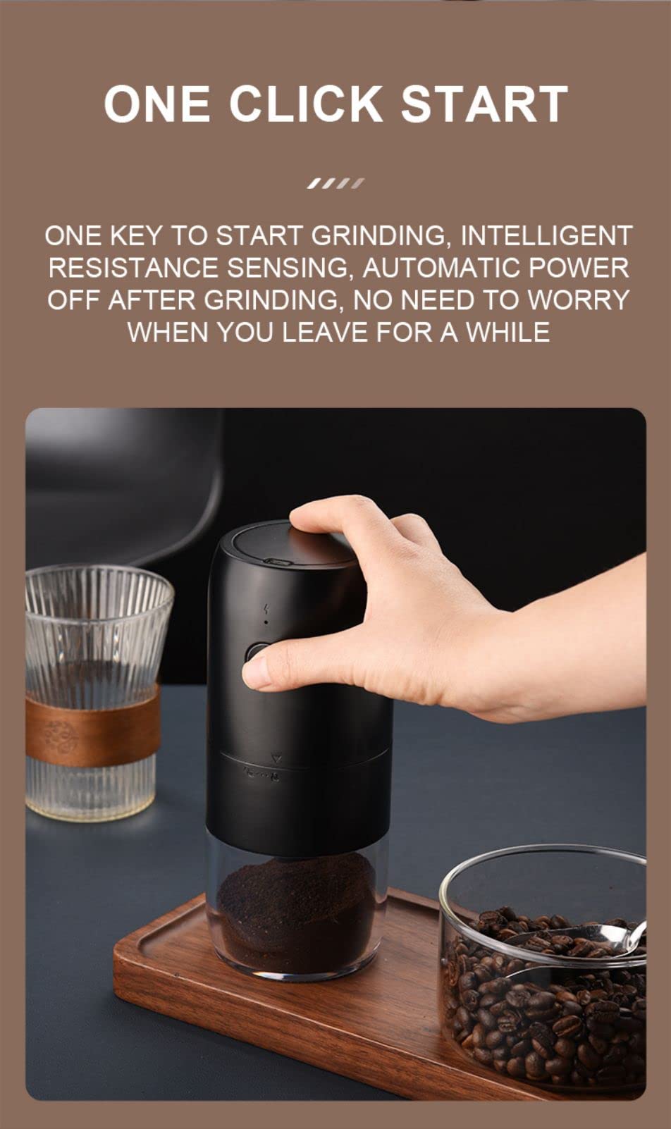 Electric Coffee Grinder Portable -One Button Control Coffee Bean Grinder Core Espresso Grinder Strong power Uniform grinding Adjustable thicknessUSB-Rechargeable (Black)