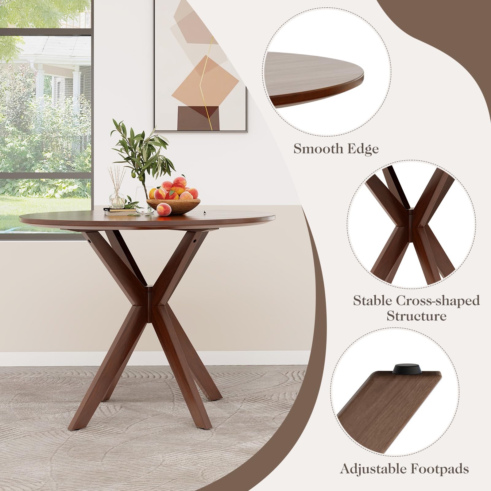 ERGOMASTER Round Dining Table for 2 to 4 Seater, Solid Wood Kitchen Table, Compact Side Table - 36 Inch Walnut Wood Tabletop - Trestle Pedestal Base - Ideal for Home, Apartment, Small Space