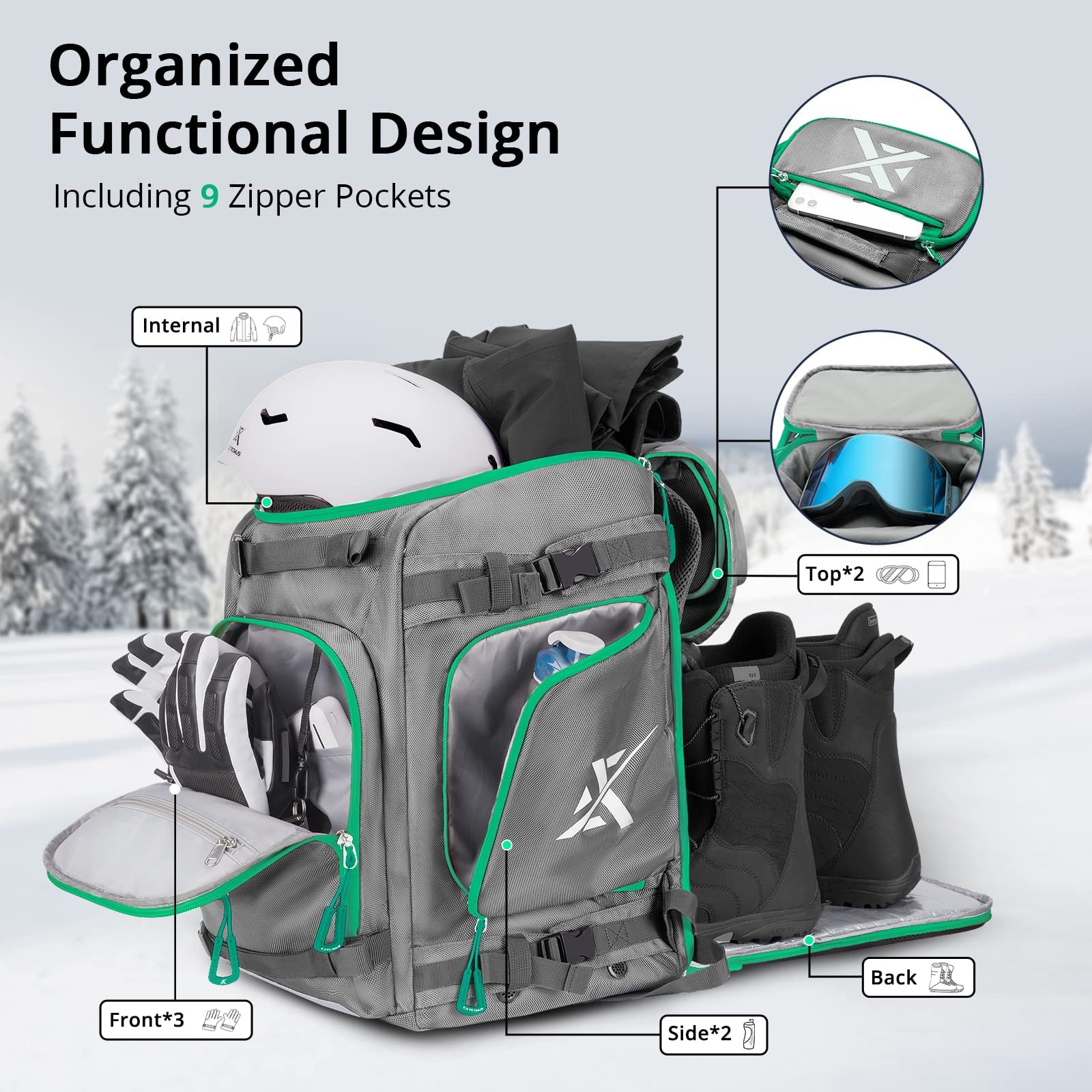 Extremus Ski Boot Bag, 70L Waterproof Snowboard Backpack,Large Capacity Ski Travel Bag Luggage for Ski Boots, Ski Helmet, Goggles, Gloves, Apparel & Skiing Gear Accessories