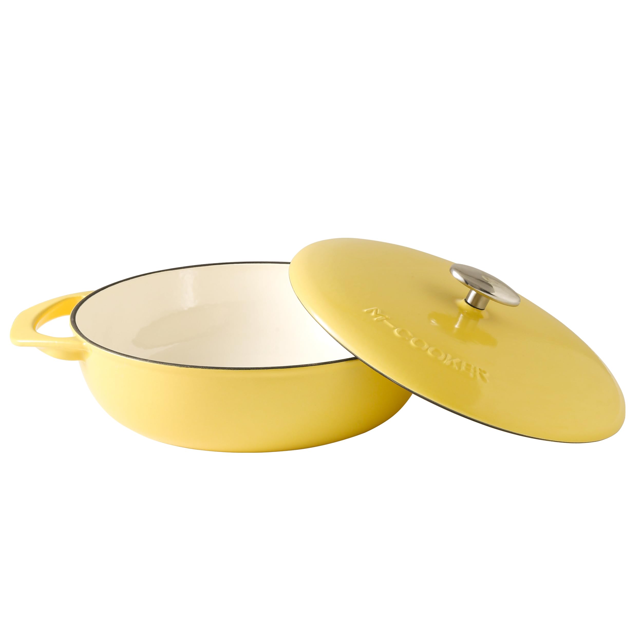 M-COOKER 3.8 Quart Enameled Cast Iron Braiser Pan with Lid,Covered Cast Iron Casserole Dish, Shallow Dutch Oven with Lid, Gift Idea for Family, Oven Safe (Yellow)