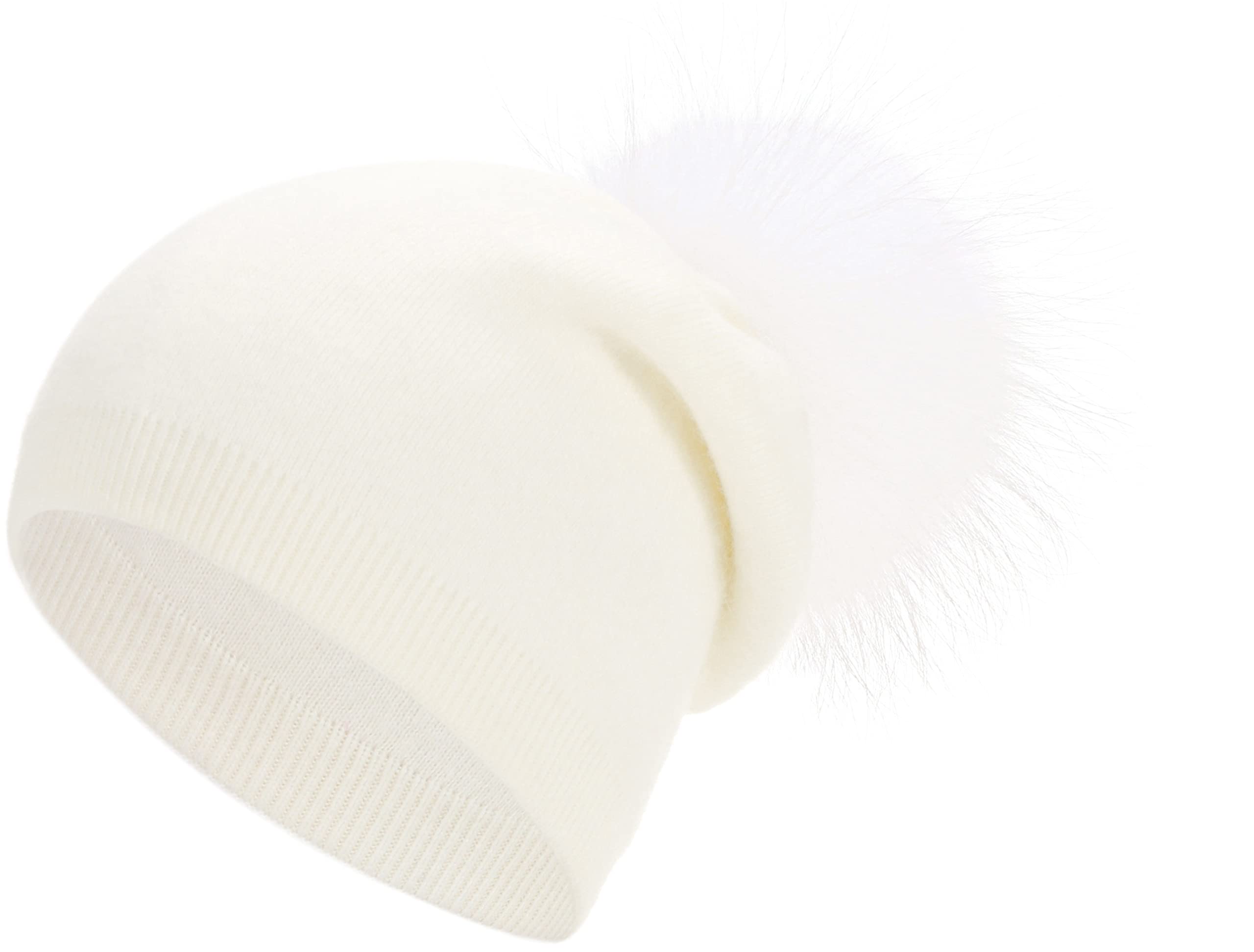 EASTER BARTHE White Cashmere Beanie Hat Women Winter Slouchy Knit Beanie Hat with White Fur Pom Pom Beanie Ski Hat Stocking Cap Hat