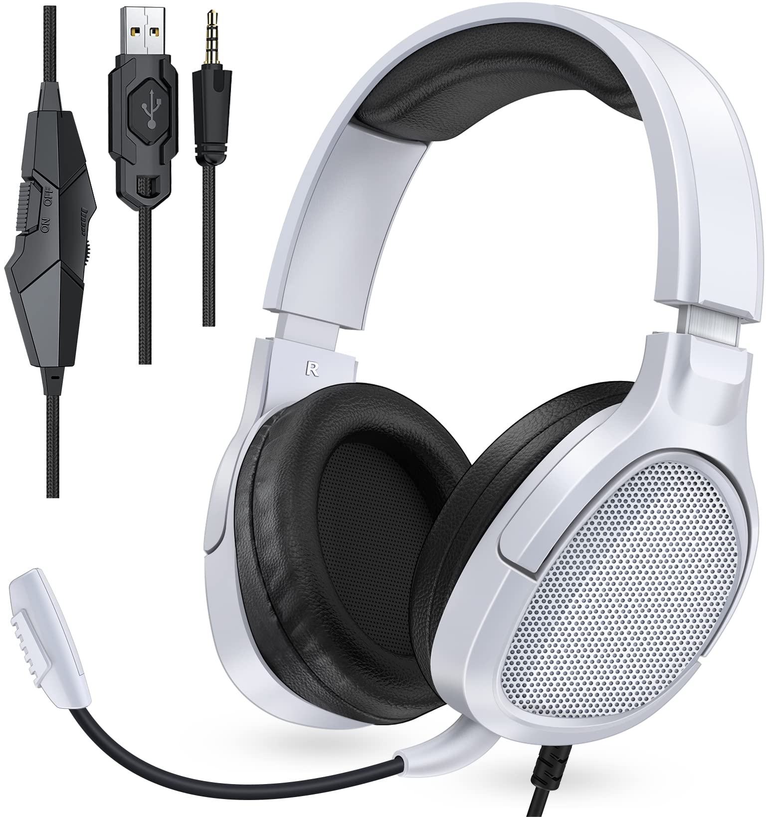 Gaming Headsets for PC Gamer with Removal Microphone, Noise Cancelling Mic, EUROA Over Ear Computer Headphones, Light Weight, Adjustable Headband, Soft Memory Foam White