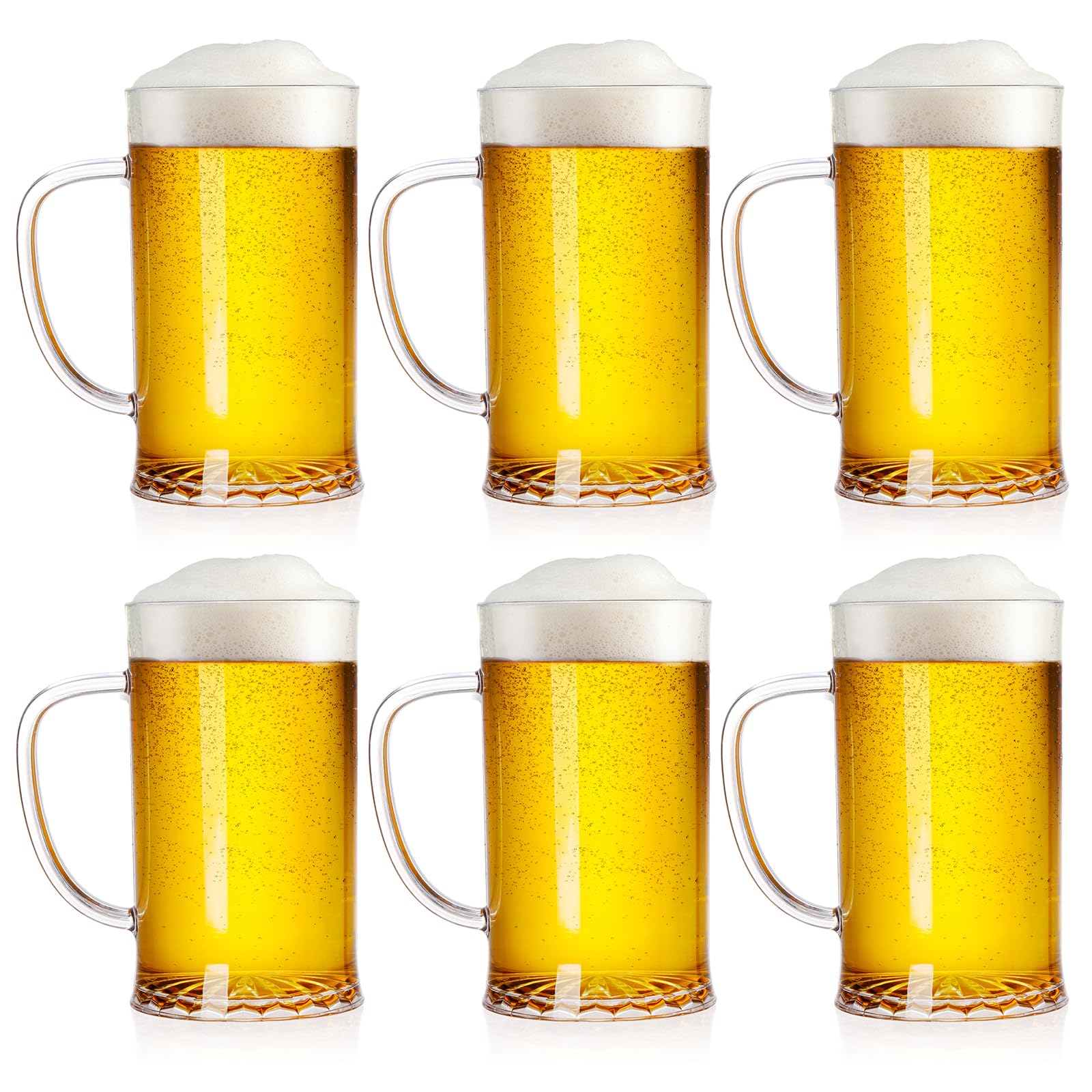 ZEAYEA Set of 6 Plastic Beer Mug, 16 oz Acrylic Beer Drinking Cups with Handle, Clear Reusable Beer Stein Glasses for Party Bar Home Hotel Whiskey Juice Cocktail Beverages