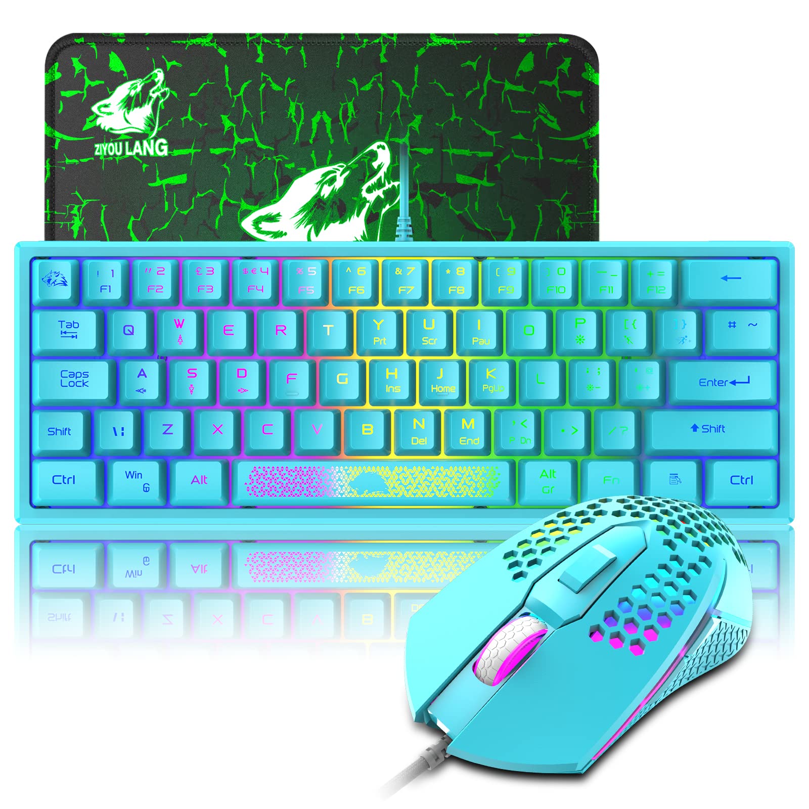 Gaming Keyboard and Mouse Combo Mini Portable with Chroma RGB Backlit Ergonomic 62Key Layout 19Key Anti-ghosting Mechanical Feel 3200DPI Honeycomb Mice USB Wired for PC Mac Gamer Laptop Typists(Blue)
