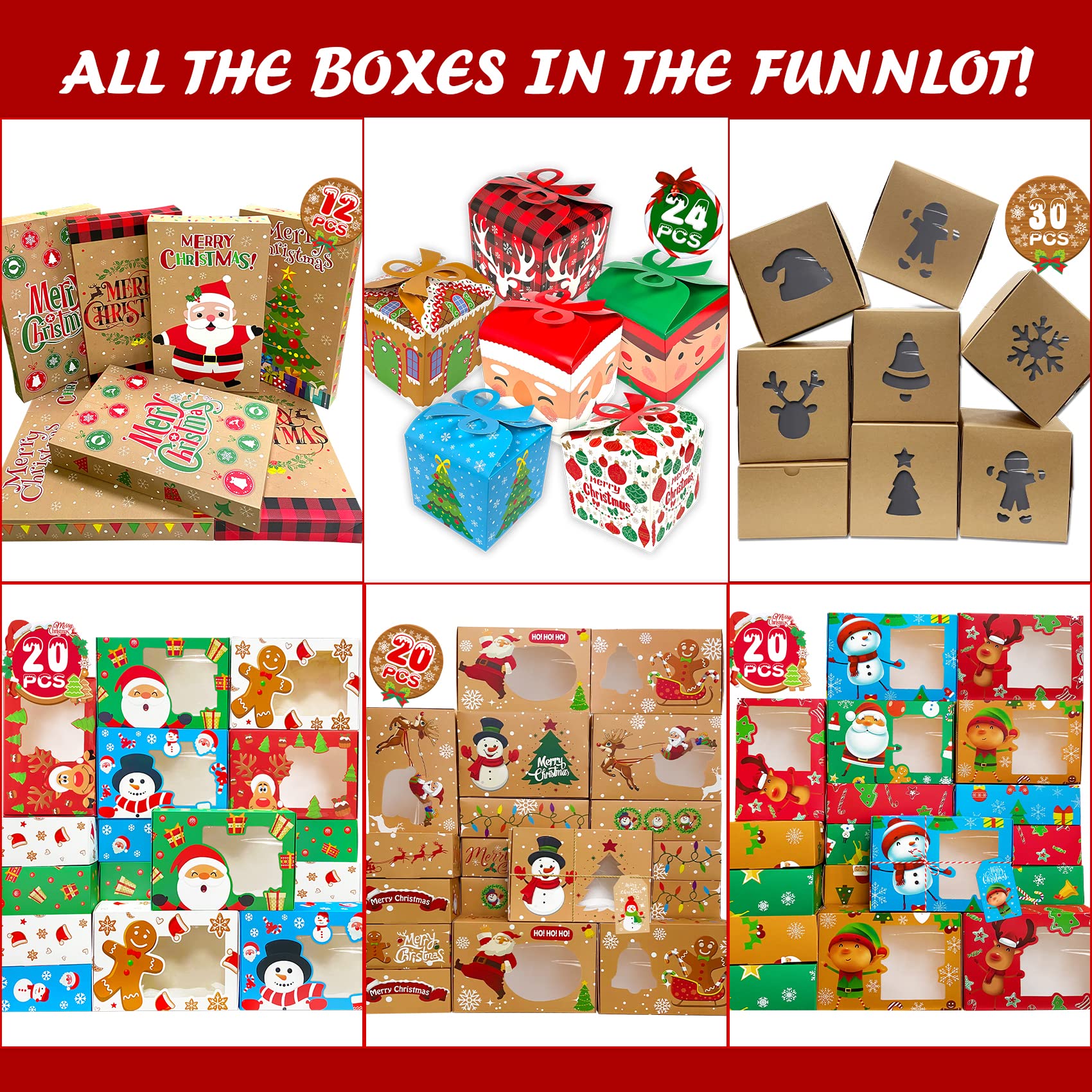 Funnlot Christmas Cookie Boxes Christmas Treats Container With Window 20PCS Christmas Treat Cookie Holiday Candy Box Christmas Baking Boxes Reindeer Santa Snowman Gingerbread Cookie Boxes