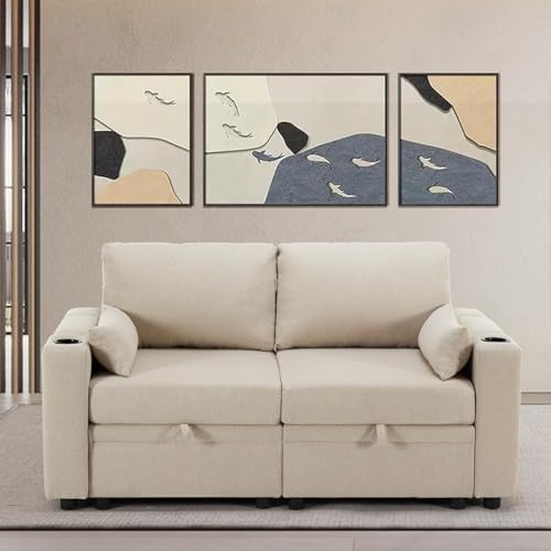 OHAHO Convertible Sectional Sofa Couch with Storage, Modern L-Shaped Sofa for Living Room with USB Port and Cup Holders (Beige, 2 Seater)