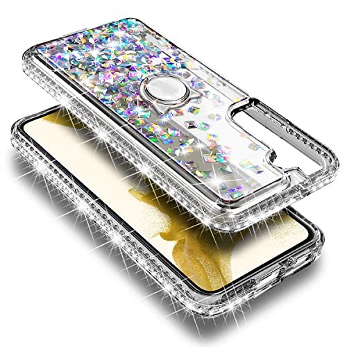 NGB Supremacy Compatible with Samsung Galaxy S23 Plus Case (6.6 Inch) with Tempered Glass Screen Protector, Ring Holder/Wrist Strap, Girls Women Bling Liquid Floating Glitter Cute Case (Gem)