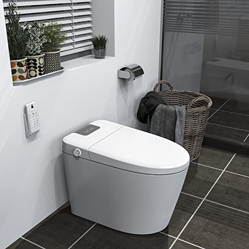 Smart Toilet, One-Piece Tankless Bidet Toilet with Auto Flush, Heated Seat, Auto Open & Close Lid, Foot Sensor, Warm Water Sprayer & Dryer, LED Nightlight, Remote and Knob Control for Janitorial