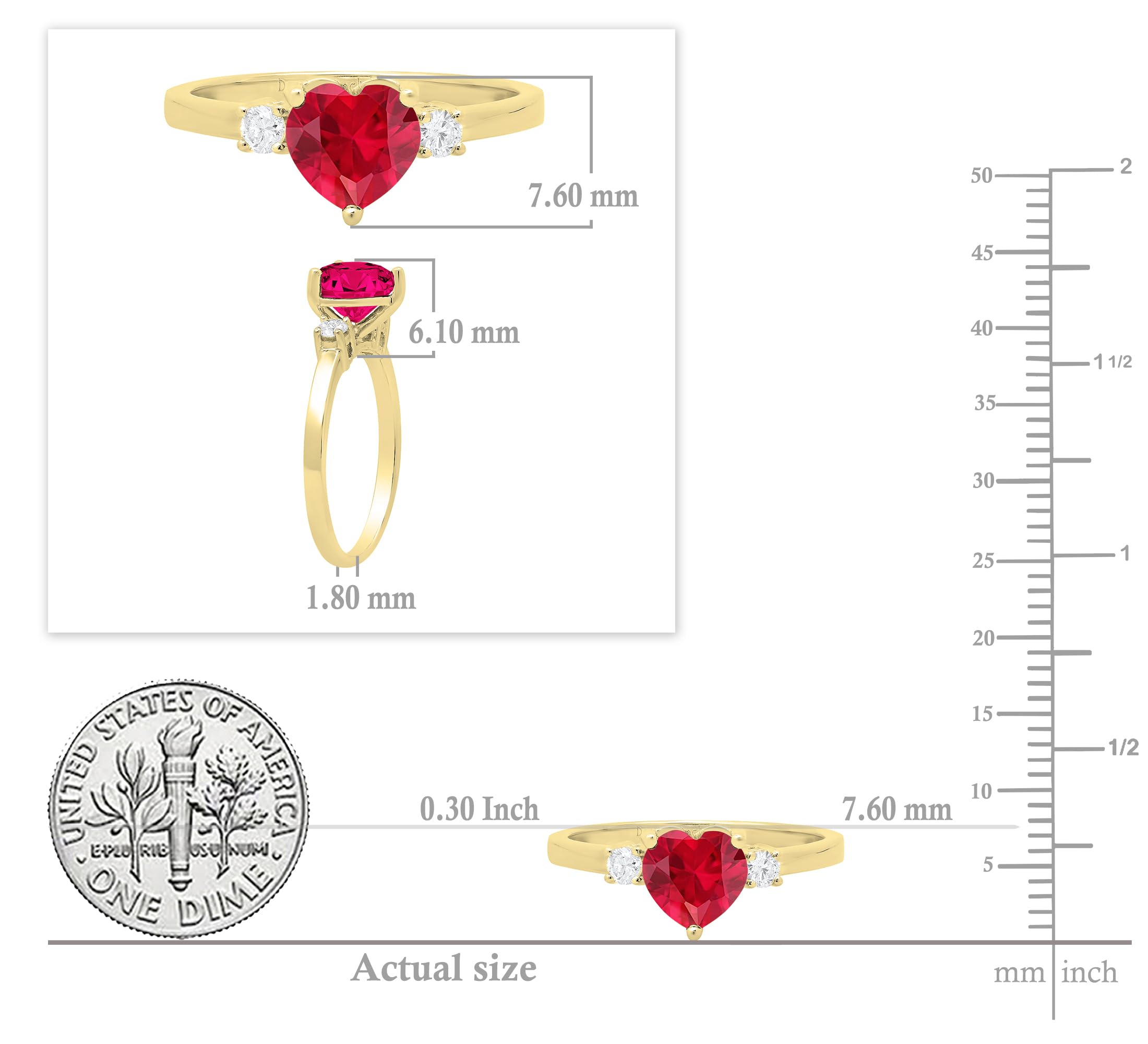 Dazzlingrock Collection 7mm Heart Lab Created Ruby & Round White Diamond 3 Stone Engagement Ring for Women in 10K Solid Yellow Gold Size 9