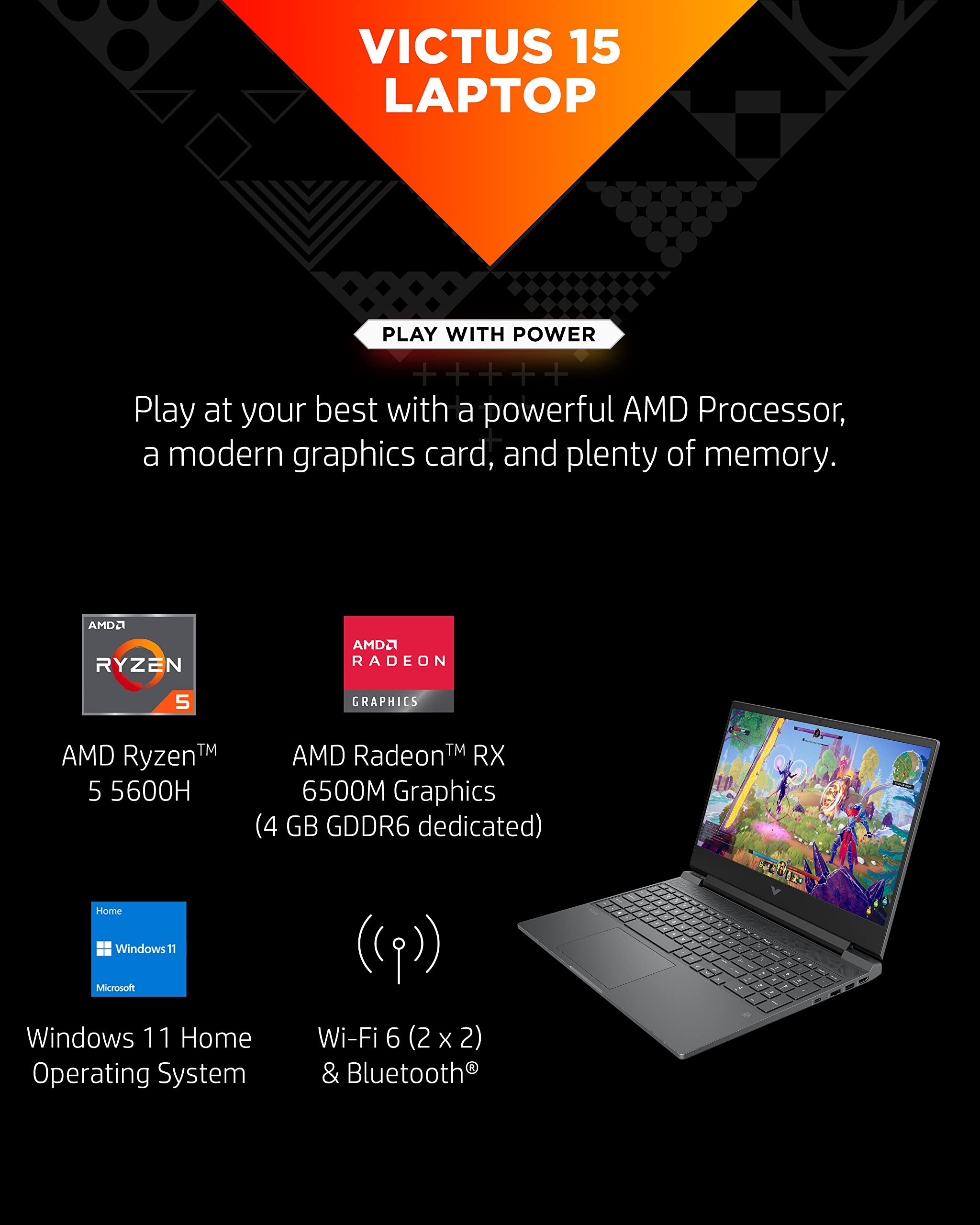 HP Victus 15 Gaming Laptop, AMD Radeon RX 6500M Graphics, AMD Ryzen 5 5600H, 8 GB RAM, 512 GB SSD, Full HD Display, Windows 11 Home, Backlit Keyboard, Enhanced Thermals (15-fb0010nr, 2022)