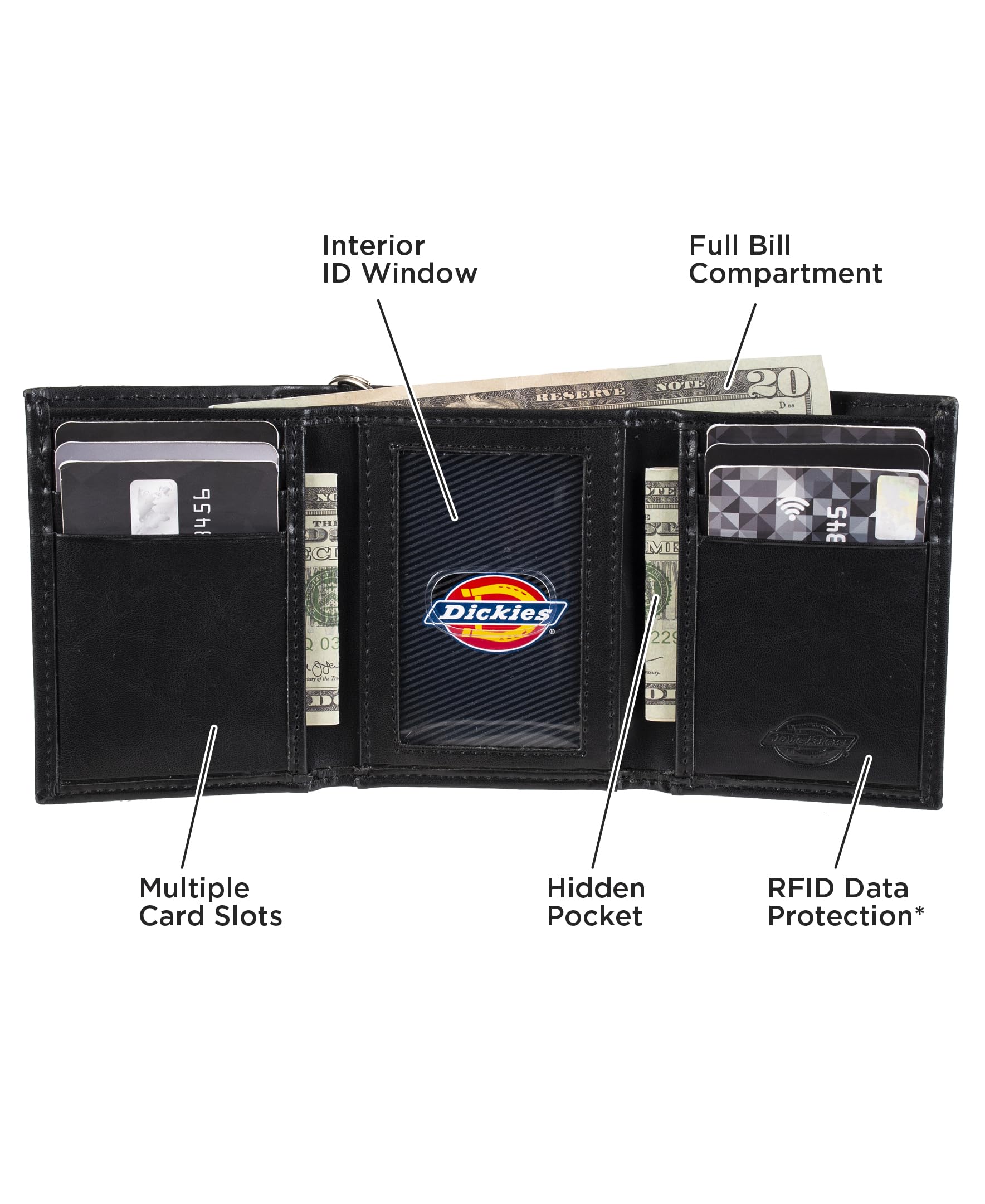 Dickies Men's Leather Chain Wallet - High Security Trifold With ID Window And Credit Card Pockets