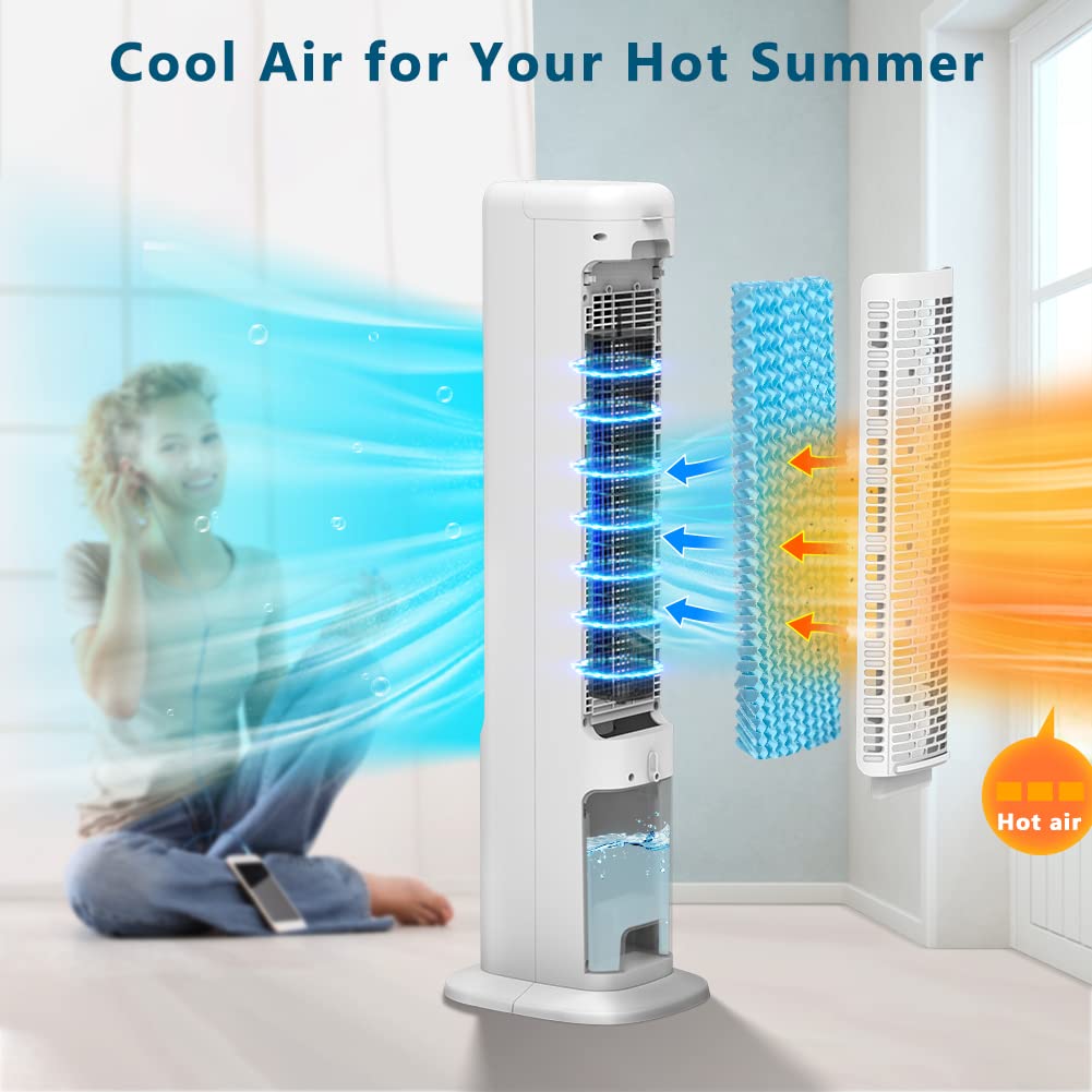 LifePlus Portable Evaporative Cooler - 41” Quiet Cooling Tower Fan Humidifier Air Cooler Swamp Cooler with Bladeless Design, 50° Oscillation, Remote Control, 3 Modes 3 Wind Speeds, 4 Ice Boxes