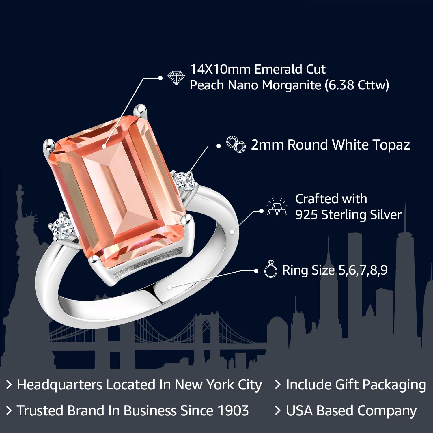 Gem Stone King 925 Sterling Silver Peach Nano Morganite and White Topaz Ring For Women (6.38 Cttw, Emerald Cut 14x10MM, Gemstone October Birthstone, Available In Size 5, 6, 7, 8, 9)