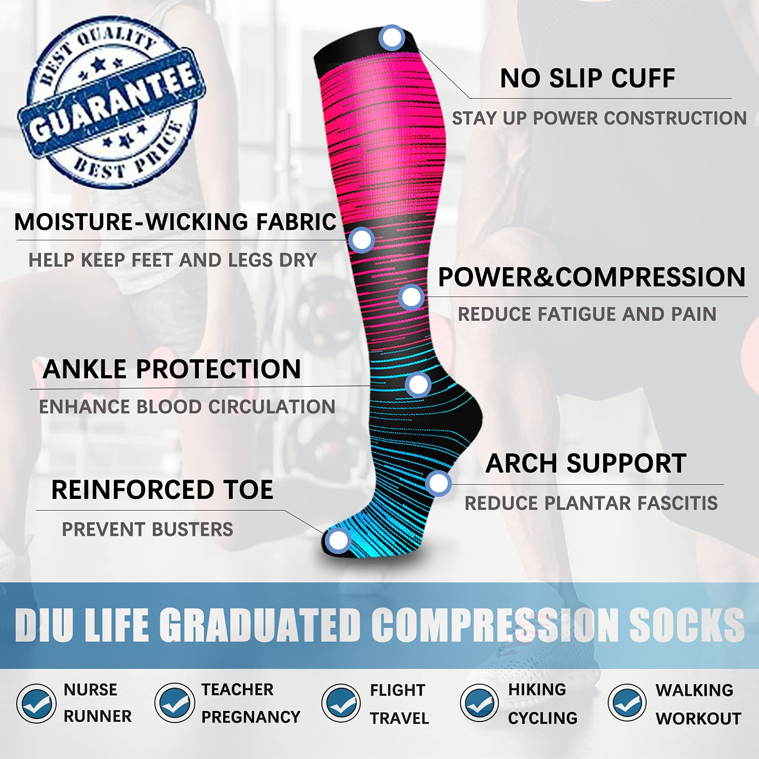 Diu Life Graduated Copper Compression Socks for Women Men Circulation-Best Support for Running,Nursing,Hiking