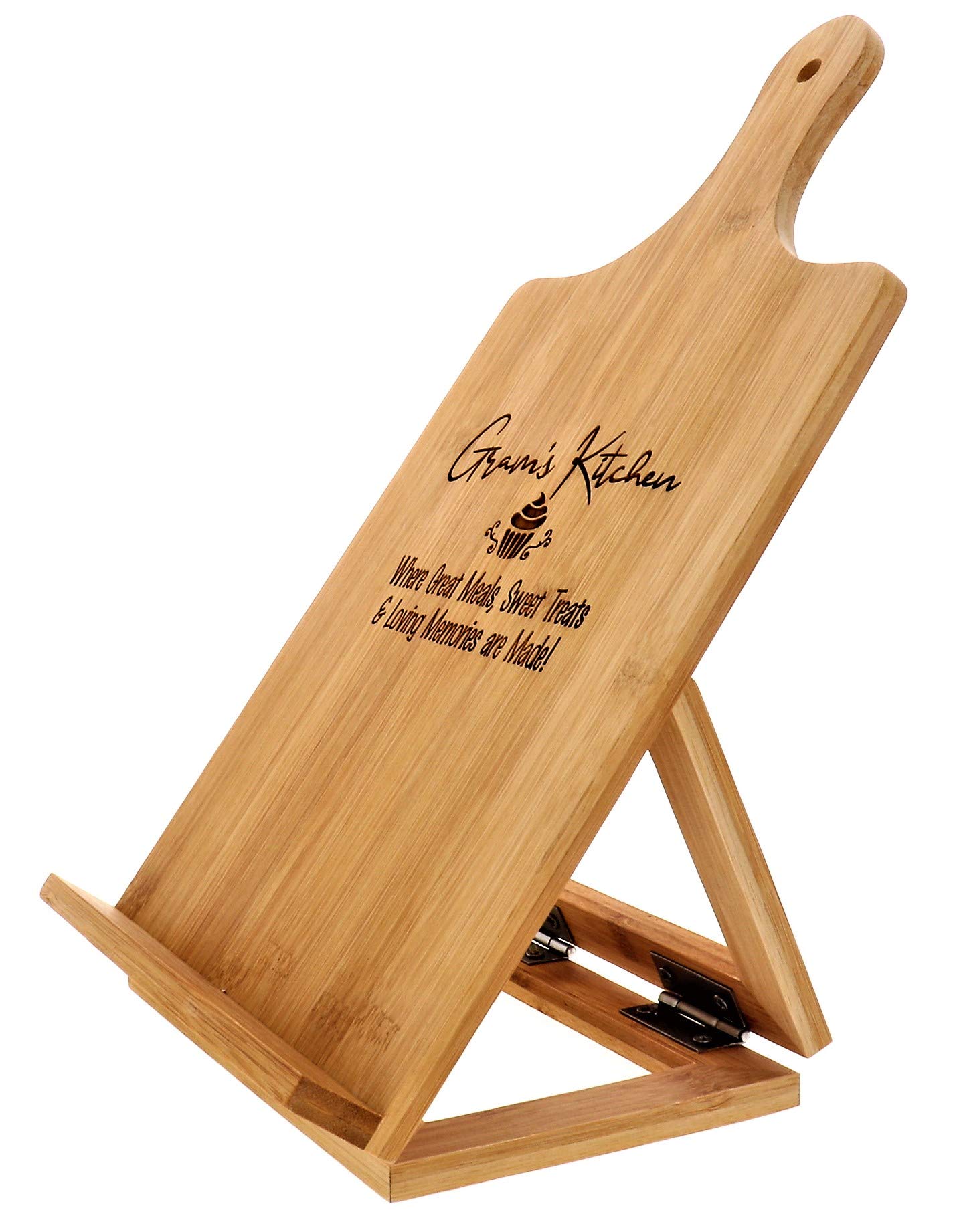 Gram’s Recipe Cookbook Holder Stand Gift - Custom Engraved Bamboo Cutting Board Foldable Chef Easel Metal Hinges Kickstand iPad Tablet Compatible Christmas Birthday Kitchen Decor Design (7.25x13.5)