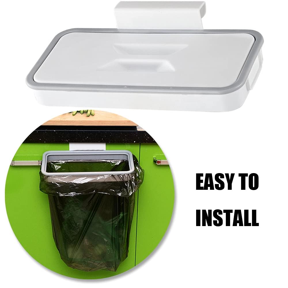 Over The Cabinet Door Garbage Holder Wastebaskets Trash Rack Cupboard Storage Hanger Waste Bins Basket Hanging Trash Can Rubbish Rack Portable Hanging Organizer Trash Bag Holder with Lid (white)