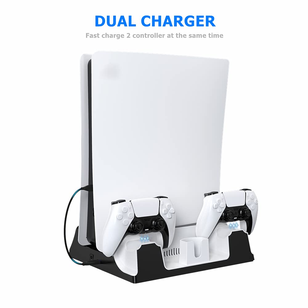 EJGAME Stand with Suction Cooling Fan and Dual Controller Charger Station Compatible with PS5 Console and PS5 Digital Edition, Built-in Headset Holder,Media Remote Stand and14 Game Rack Organizer